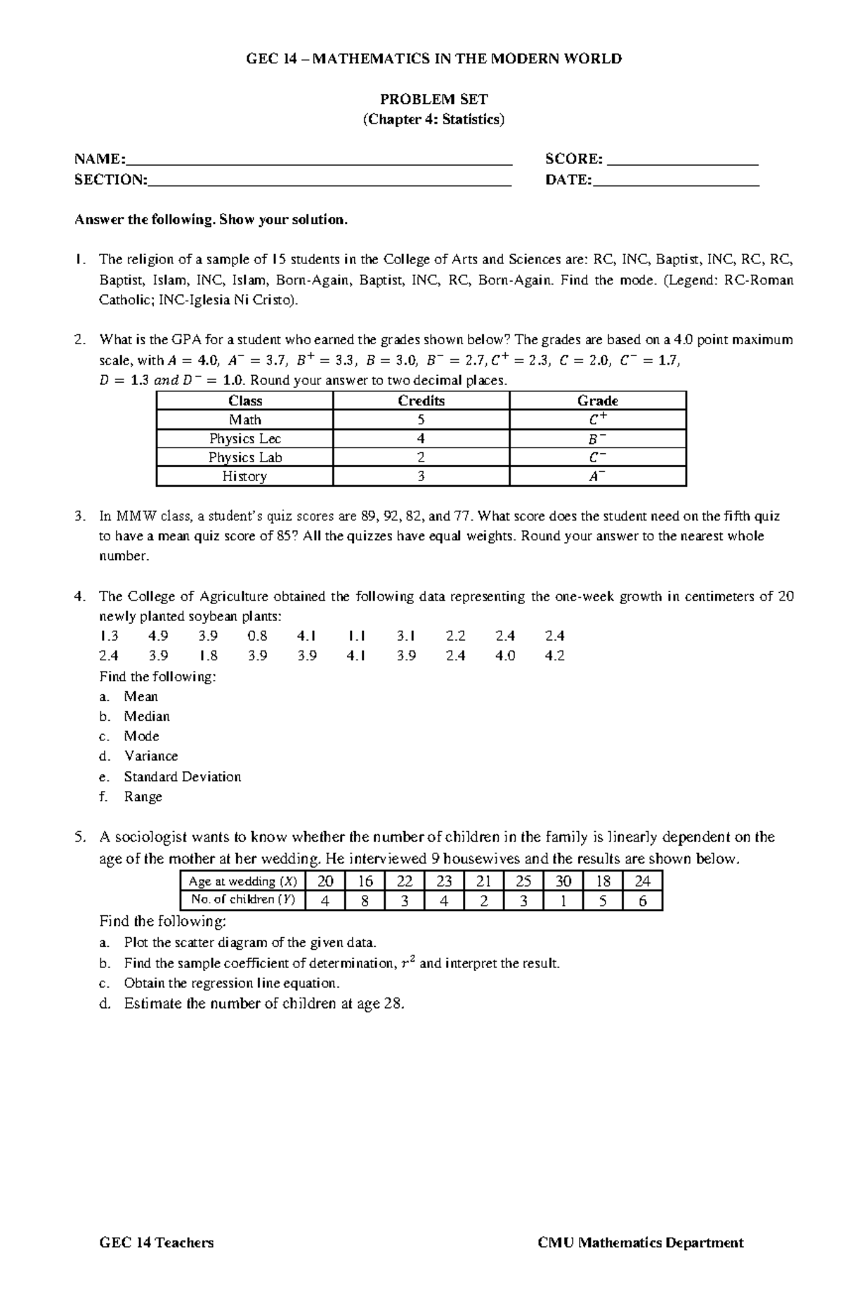 Statistics Problem SET - GEC 14 Teachers CMU Mathematics Department GEC ...