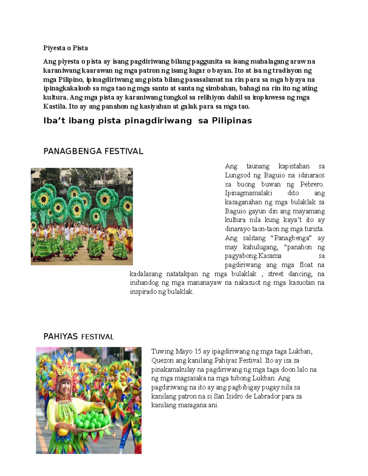 Festivals - revieweer - Piyesta o Pista Ang piyesta o pista ay isang ...