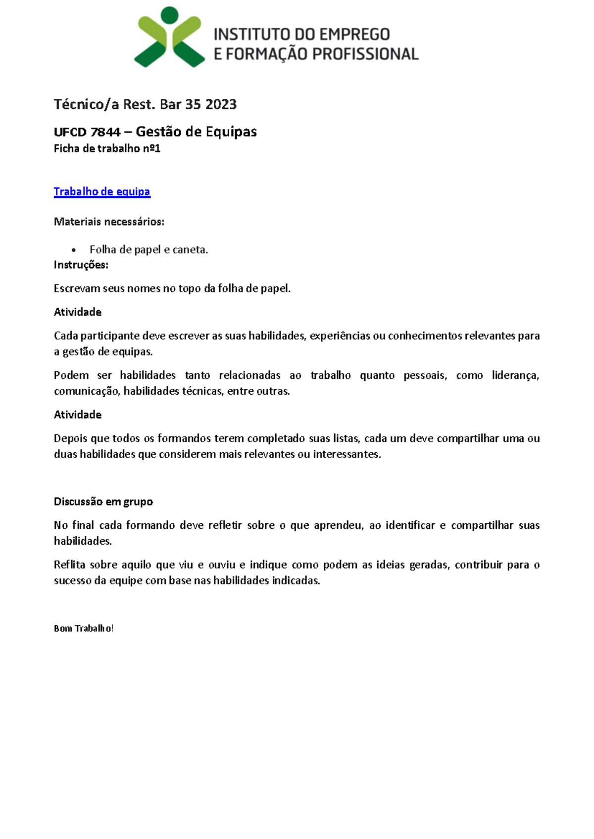 1 Ficha de trabalho UFCD7844 - Técnico/a Rest. Bar 35 2023 UFCD 7844 ...