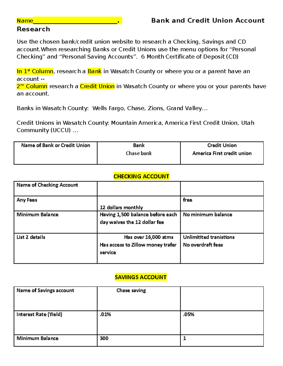 Bank and Credit Union Research - Name__________________________. Bank ...