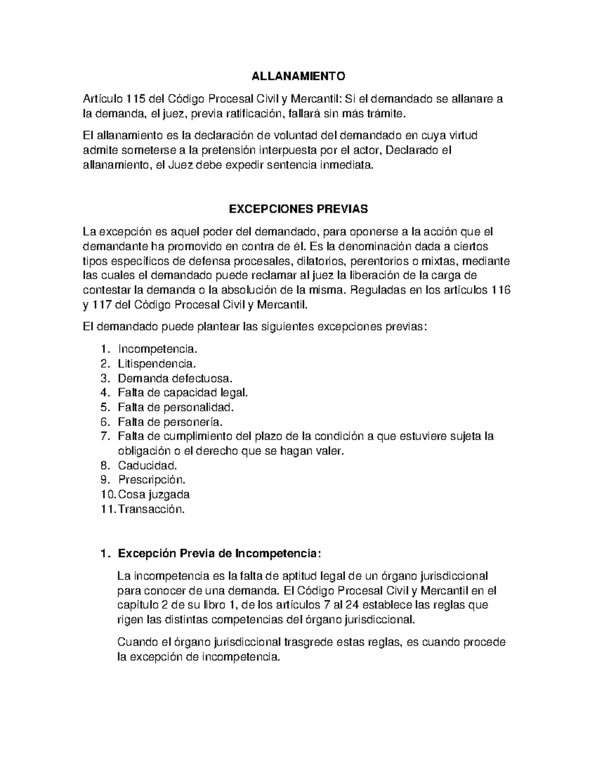Allanamiento y excepciones previas - ALLANAMIENTO Artículo 115 del ...