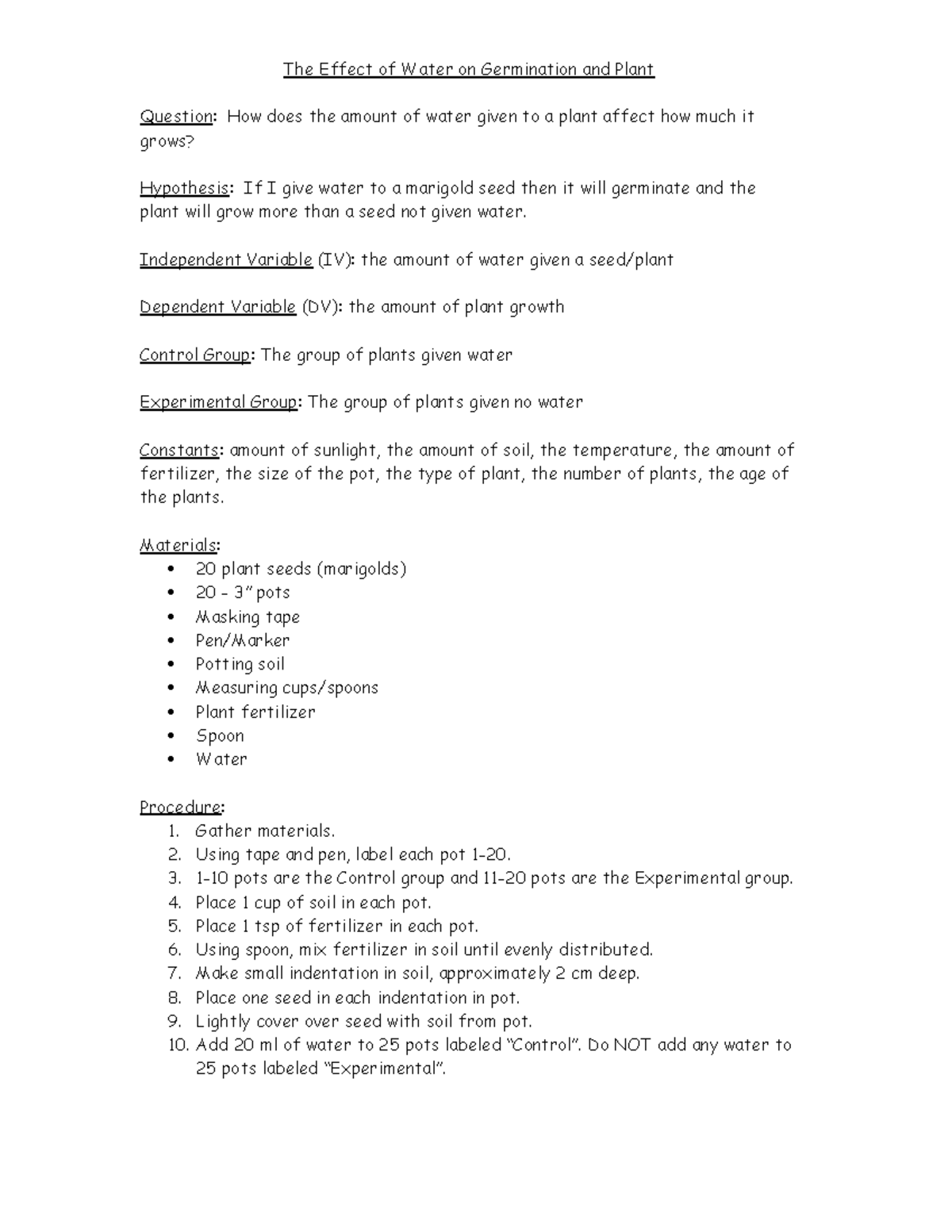 The Effect of Water on Germination and Plant - The Effect of Water on ...