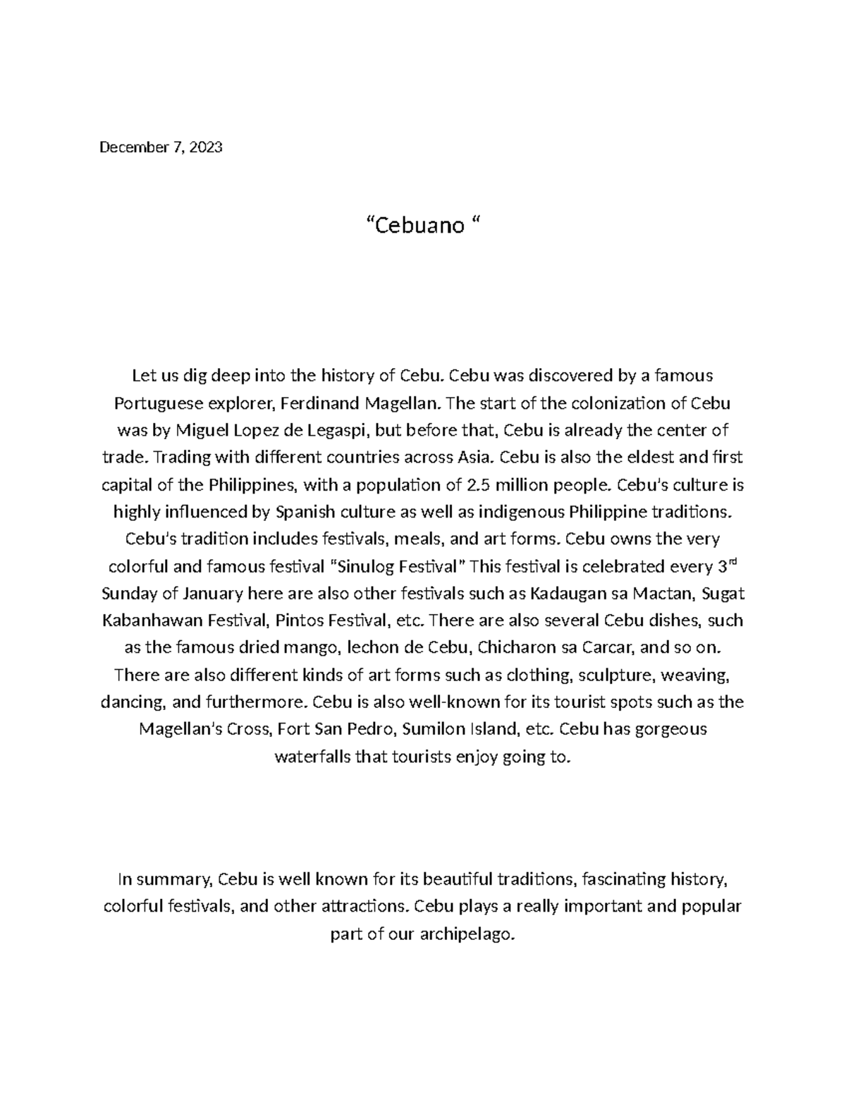 CEBU - essay about the history of cebu - December 7, 2023 “Cebuano ...