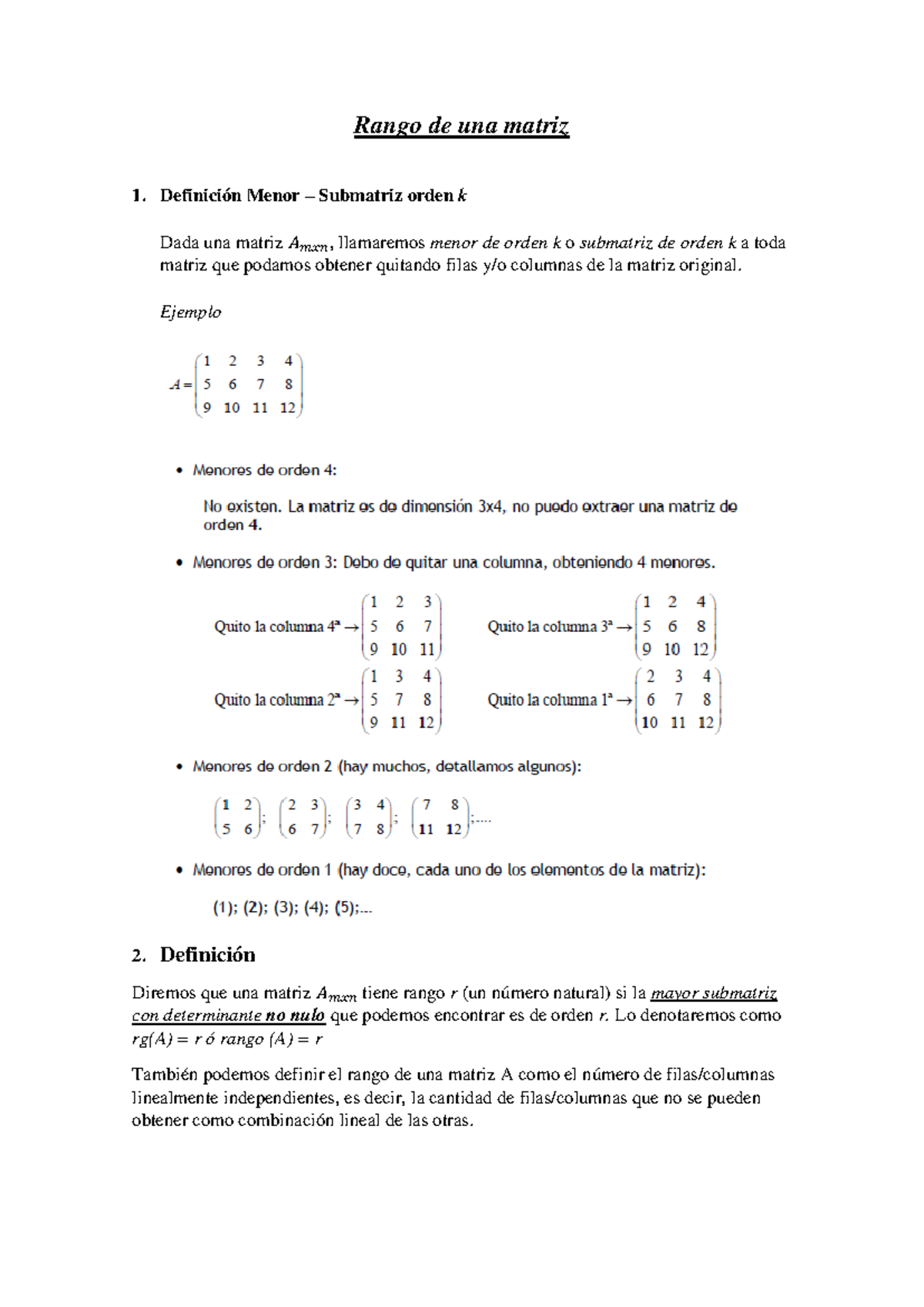 Teoría Matrices 4 - Rango - Rango de una matriz Definición Menor ...