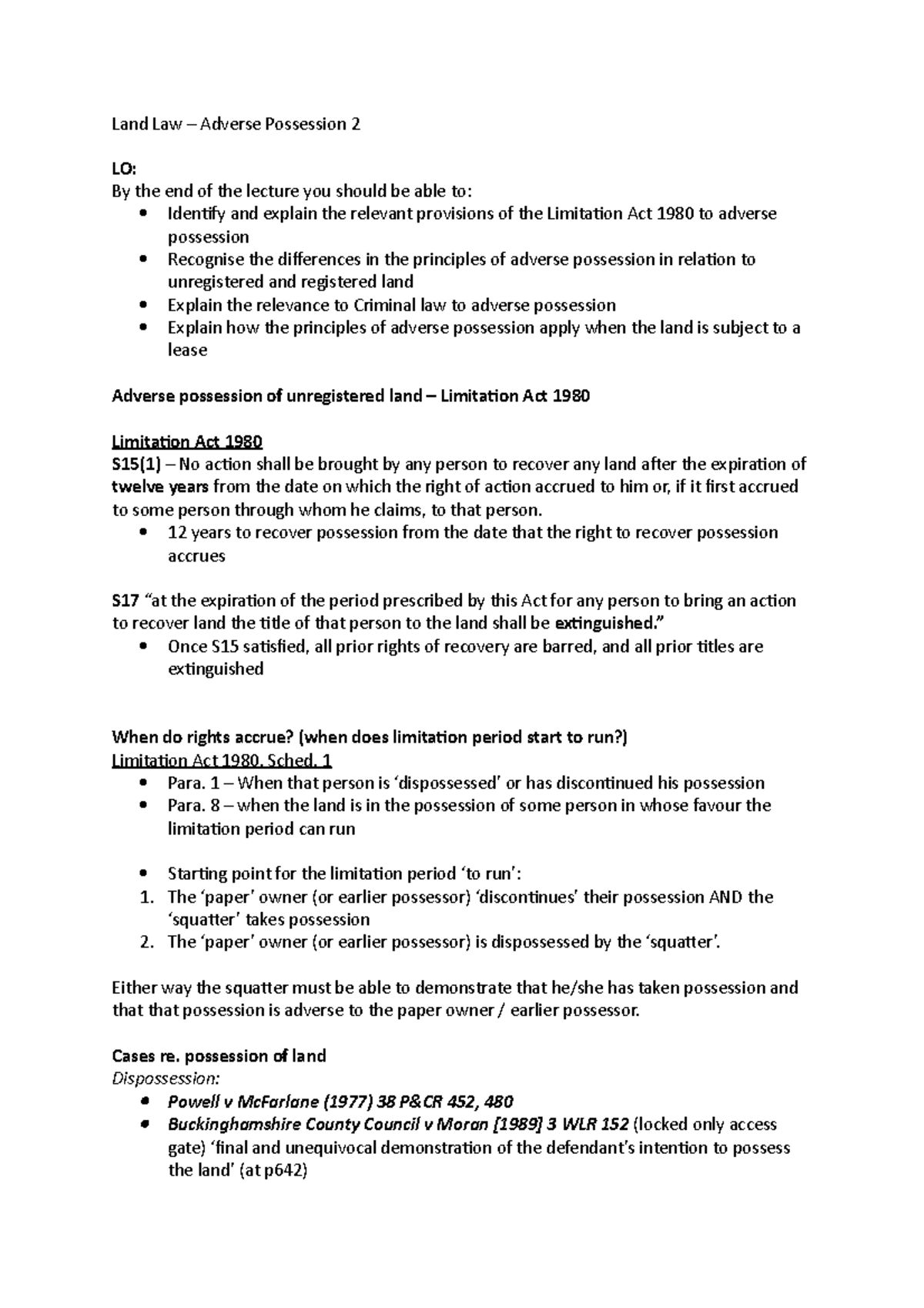 Adverse Possession - Second year - Land Law – Adverse Possession 2 LO ...