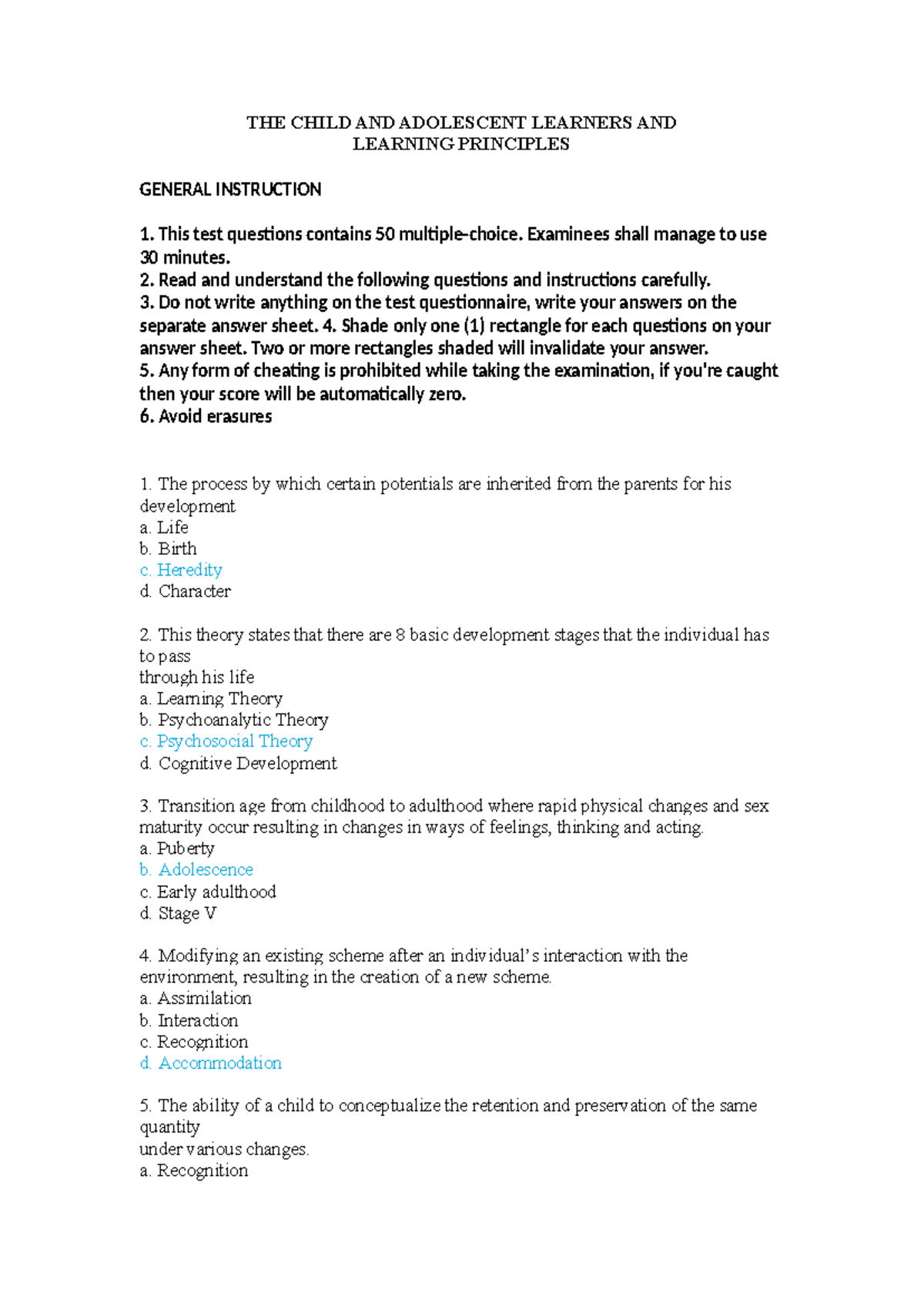 EXAM Tomorrow - Let exam - THE CHILD AND ADOLESCENT LEARNERS AND ...
