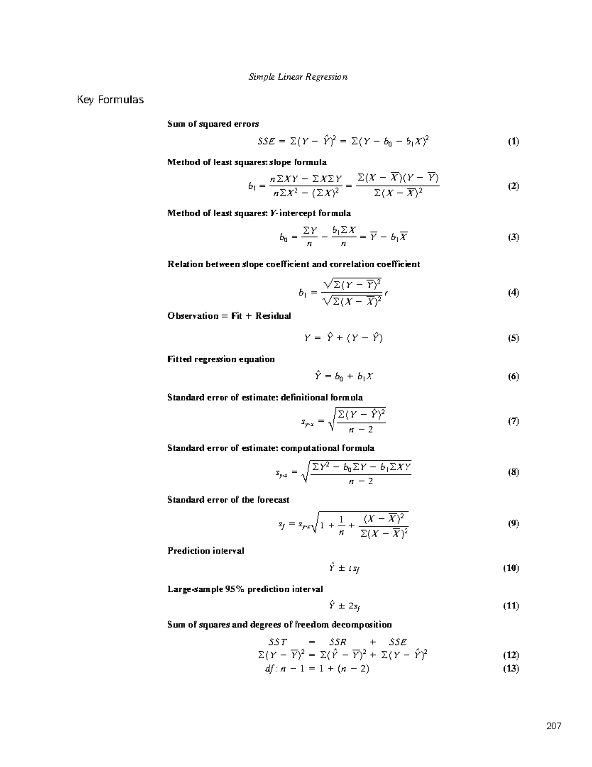 TS - formula - Simple Linear Regression Key Formulas Sum of squared errors (1) Method of least ...
