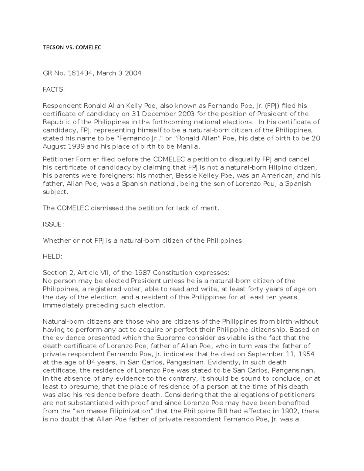 Tecson VS Comelec - citizenship - Contract Law - CEU USP - Studocu