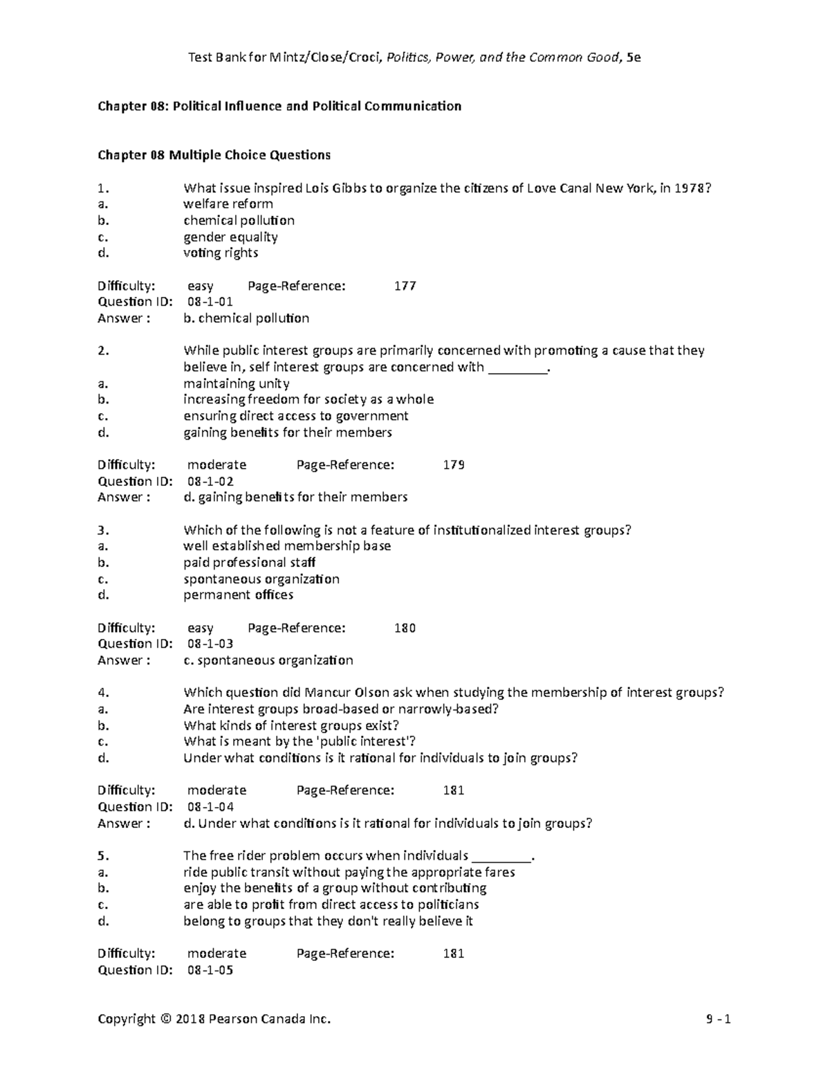 Test Bank for Politics Power and the Common Good 5e Chapter 08 ...