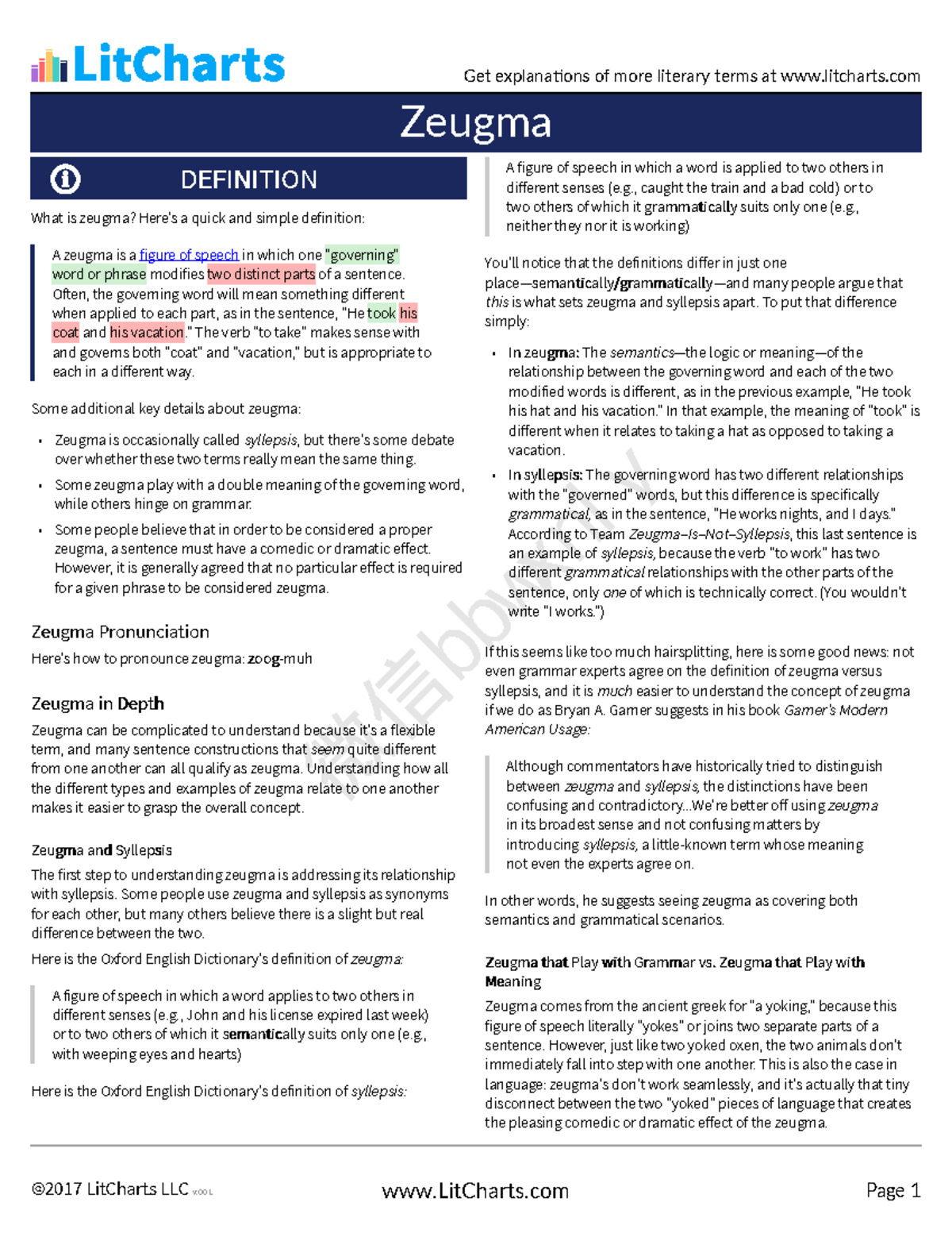 Zeugma-Lit Chart 1 - Zeugma What is zeugma? Here’s a quick and simple definition: A zeugma is a ...