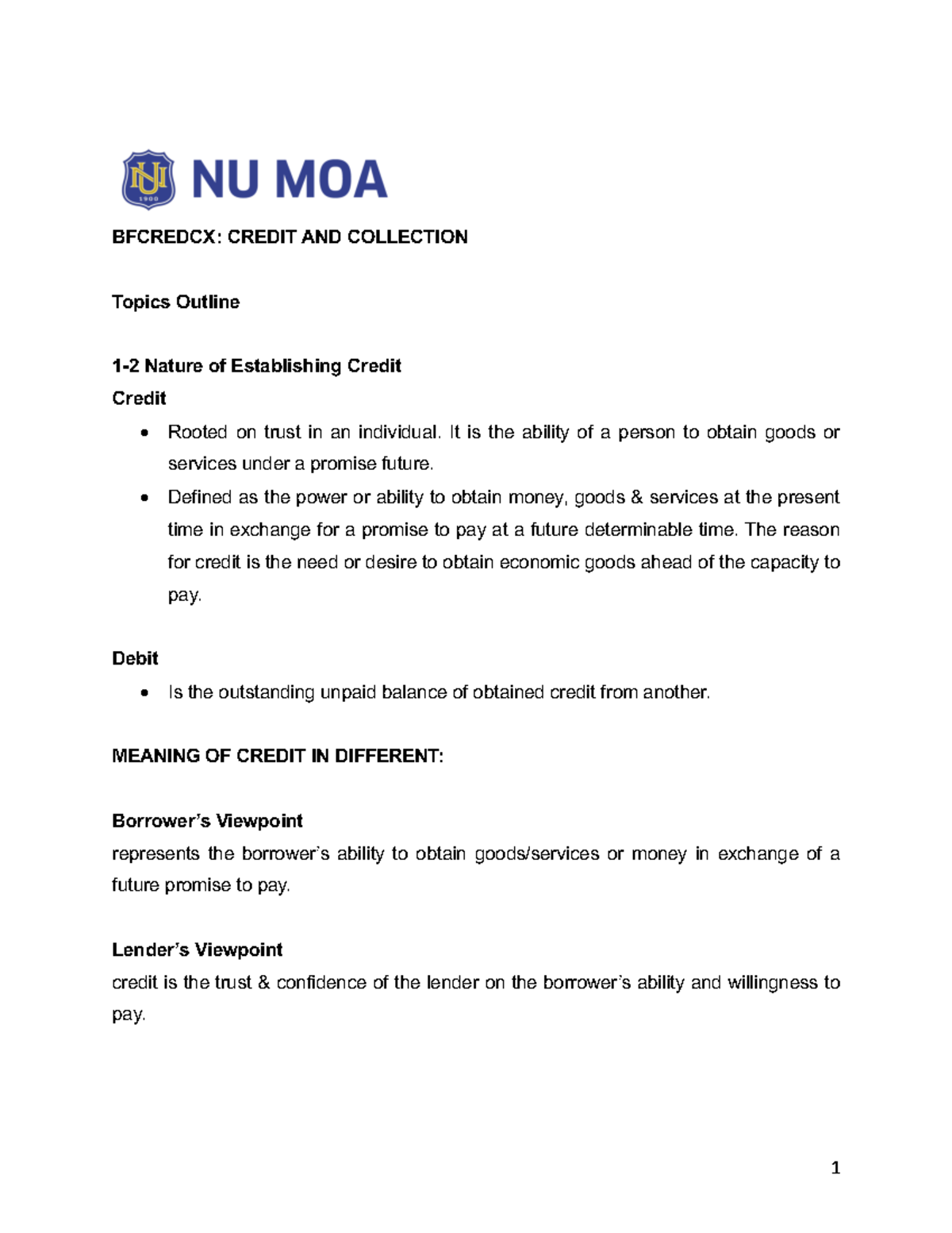 Credit and Collection Module 1 - BFCREDCX: CREDIT AND COLLECTION Topics ...