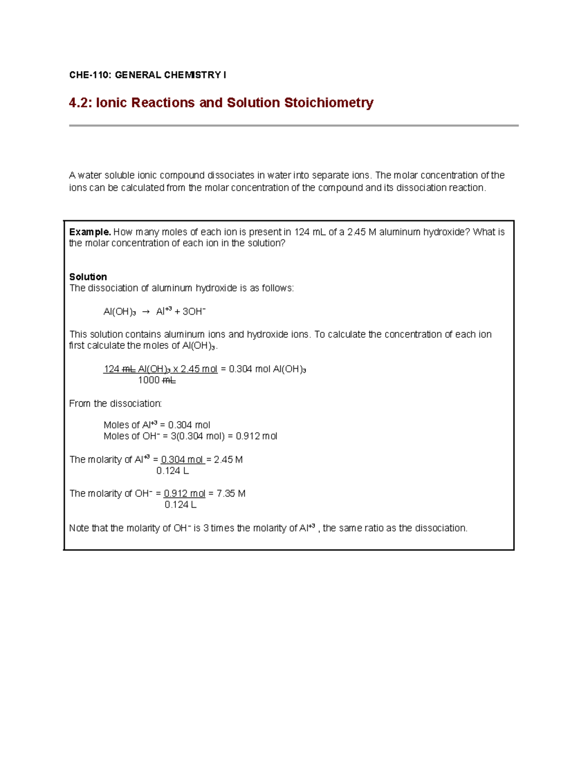 Chapter 4.2 Solutions Stoichiometry - CHE-110: GENERAL CHEMISTRY I 4 ...