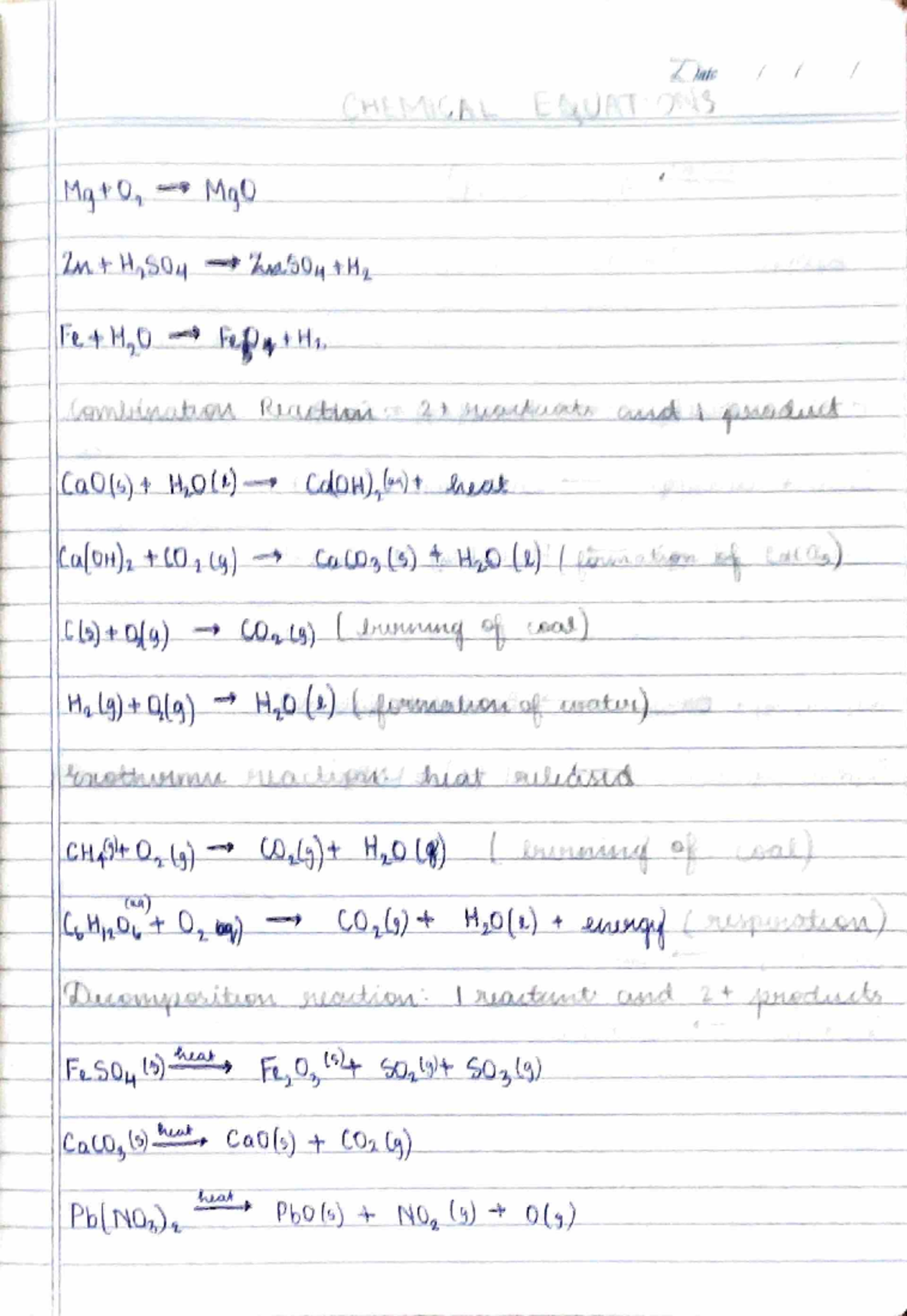 All in one class 10 chemistry short notes - Date CHEMICAL EQUATIONS MgO ...