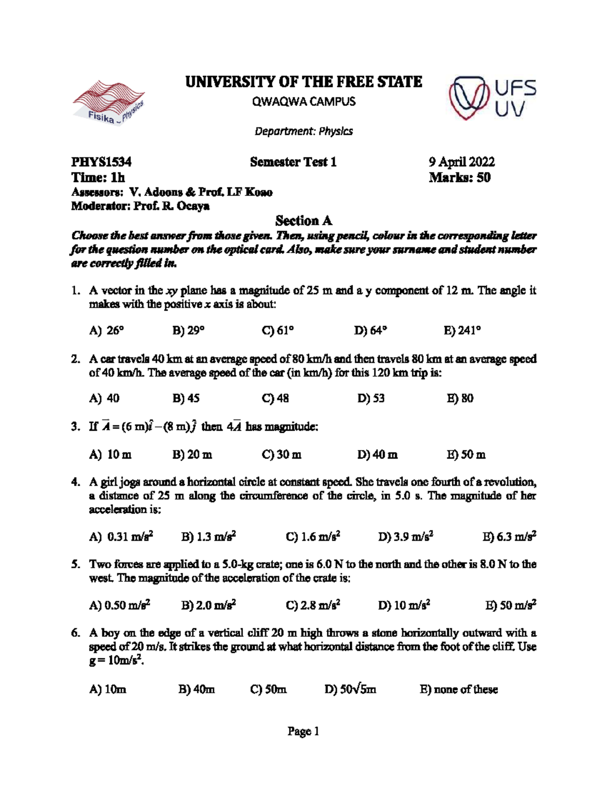 Physics semester test 1 2022 - PHYS 1534 - Studocu