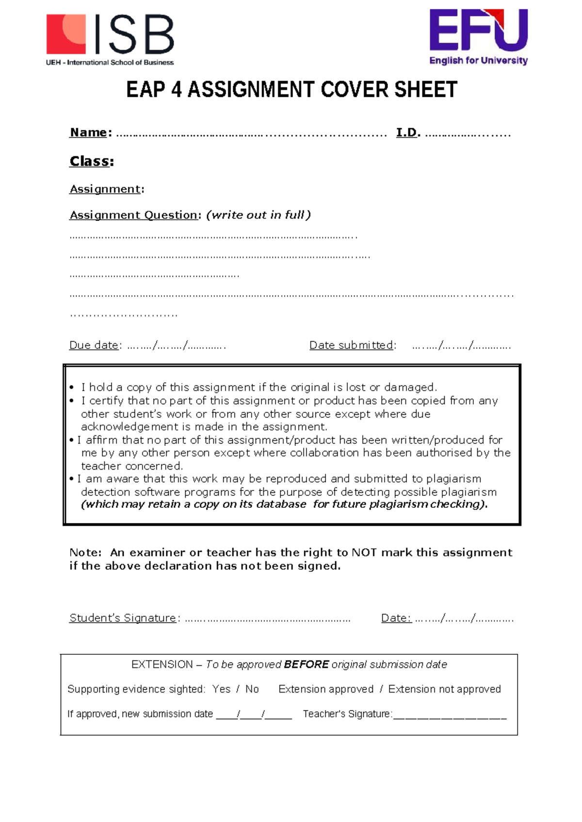 EAP4 Assignment cover sheet - EAP 4 ASSIGNMENT COVER SHEET Name: - Studocu