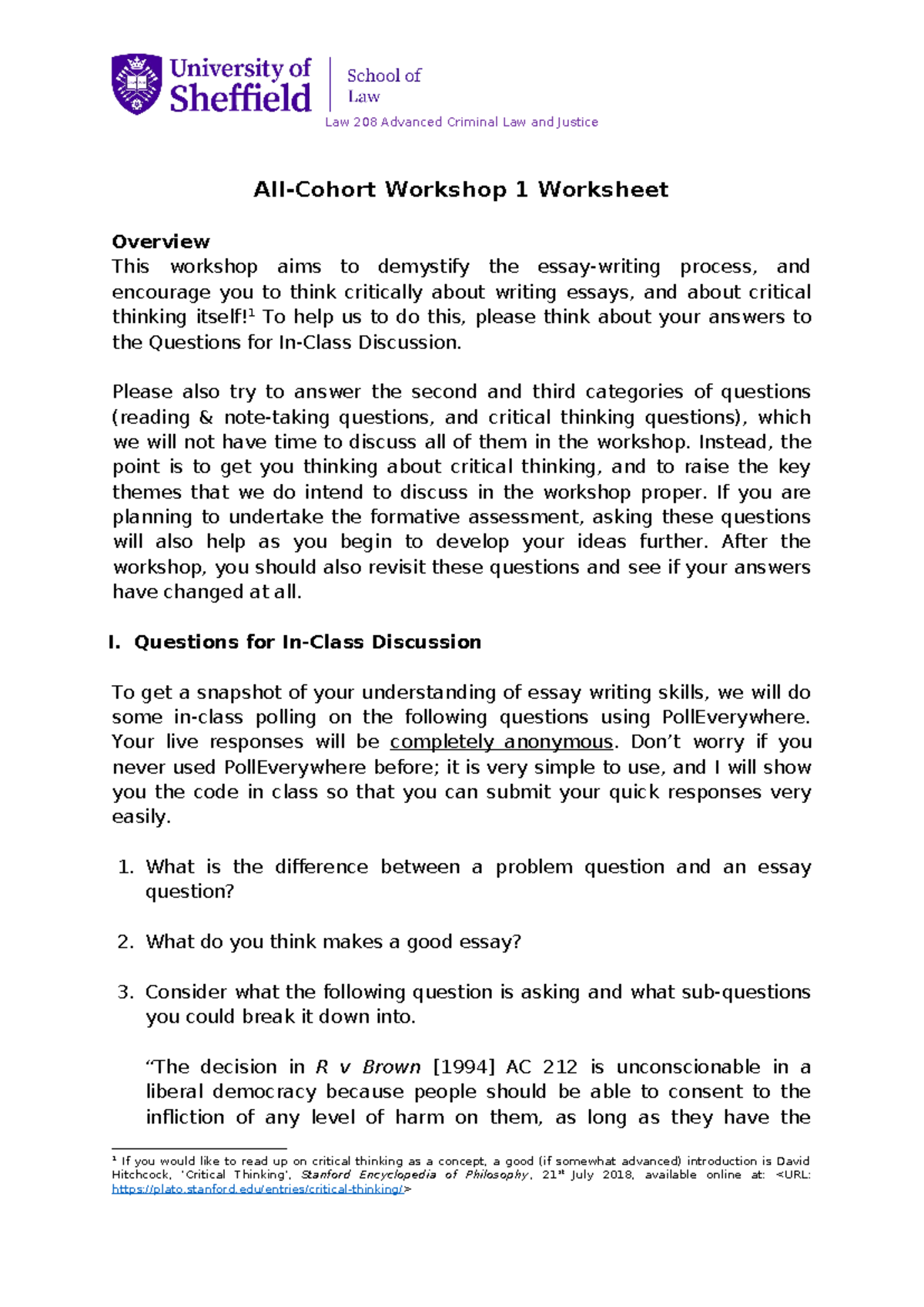 All-Cohort Workshop 1 Worksheet - Law 208 Advanced Criminal Law and ...