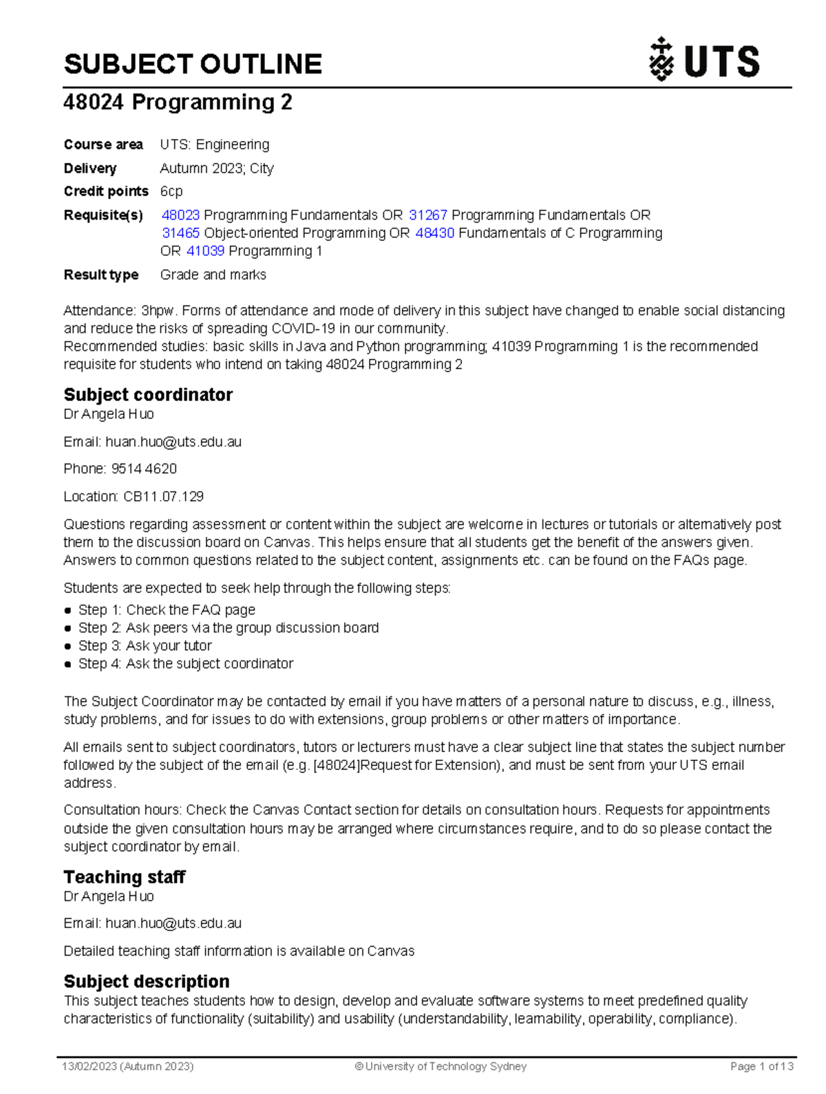 Programming 2 - outline - SUBJECT OUTLINE 48024 Programming 2 ...