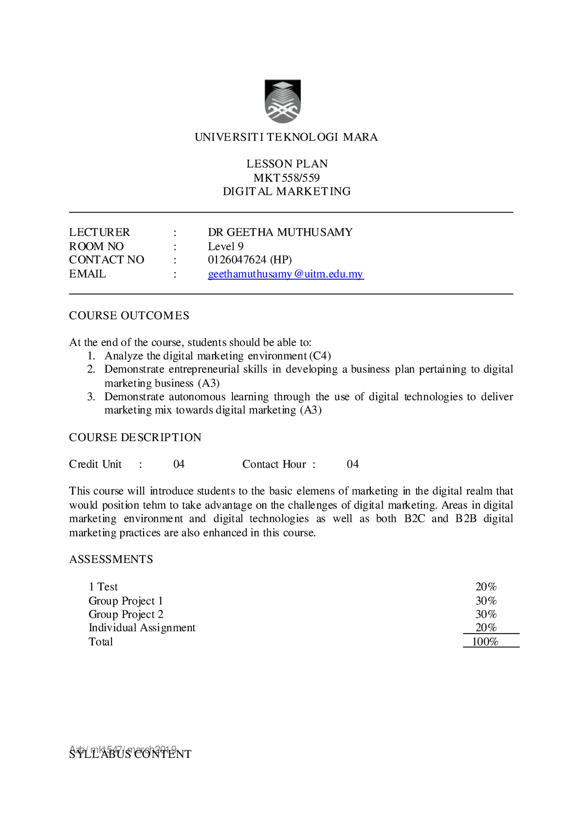 Course Outline for subject marketing - Azb/mkt547/march UNIVERSITI ...