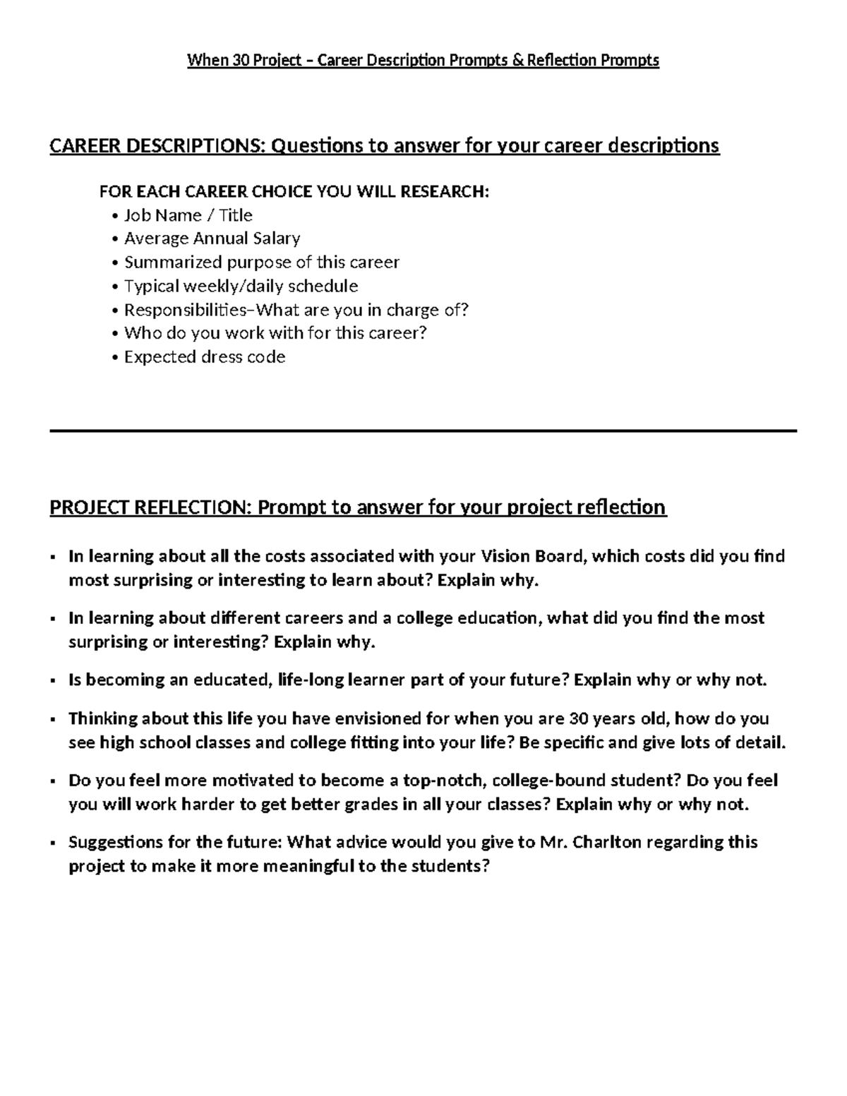 When 30 Project Career Descriptions & Reflection Prompts - When 30 ...