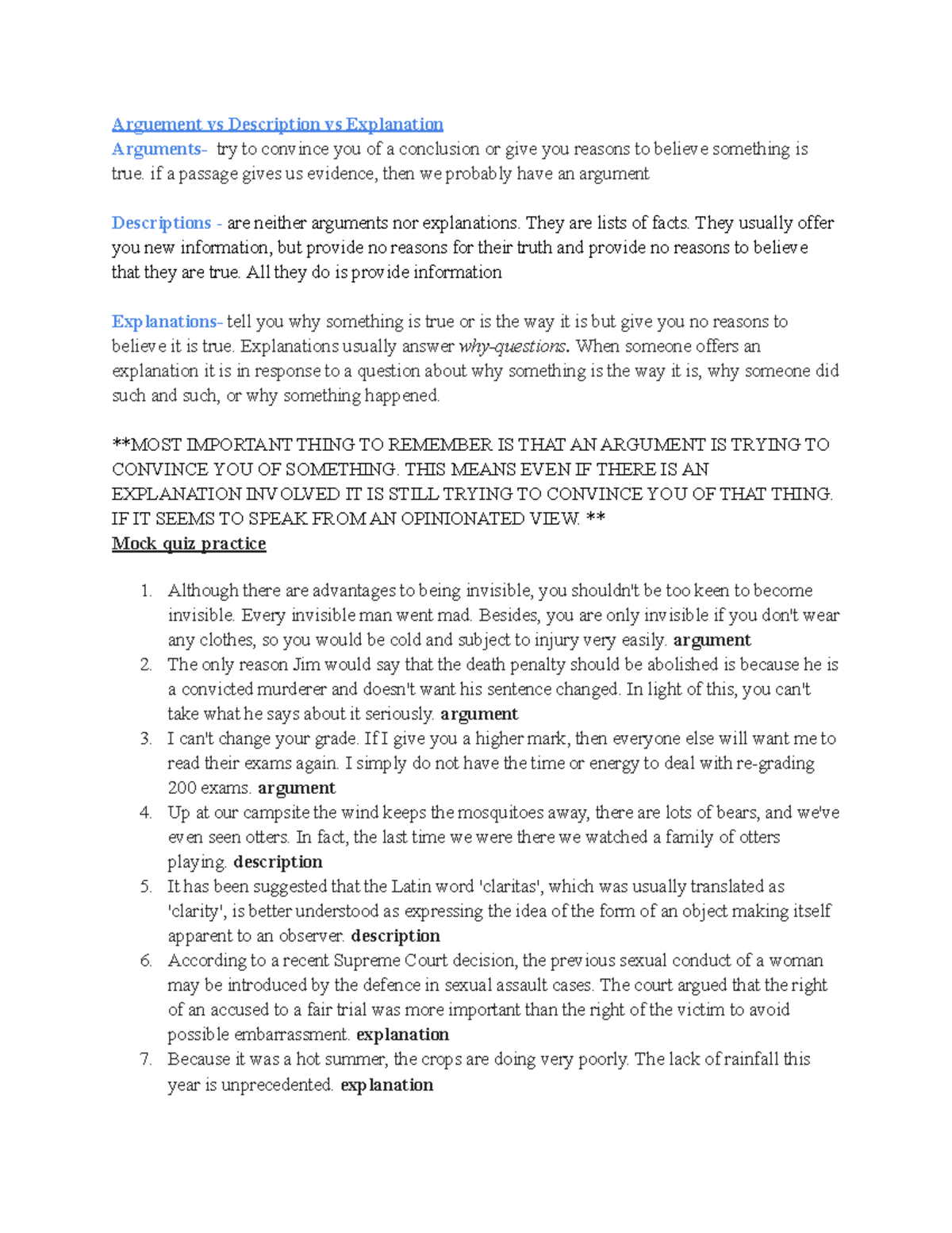 Philoposhy quiz 1 notes - Arguement vs Description vs Explanation ...
