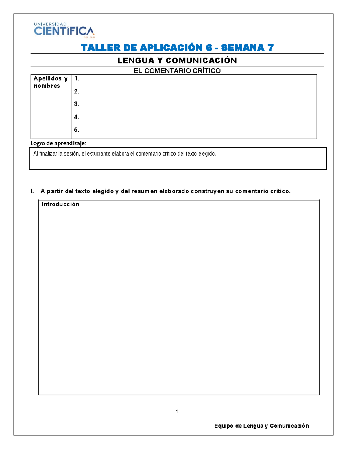 Taller de aplicación semana 7 - Lenguaje y Comunicación - TALLER DE ...