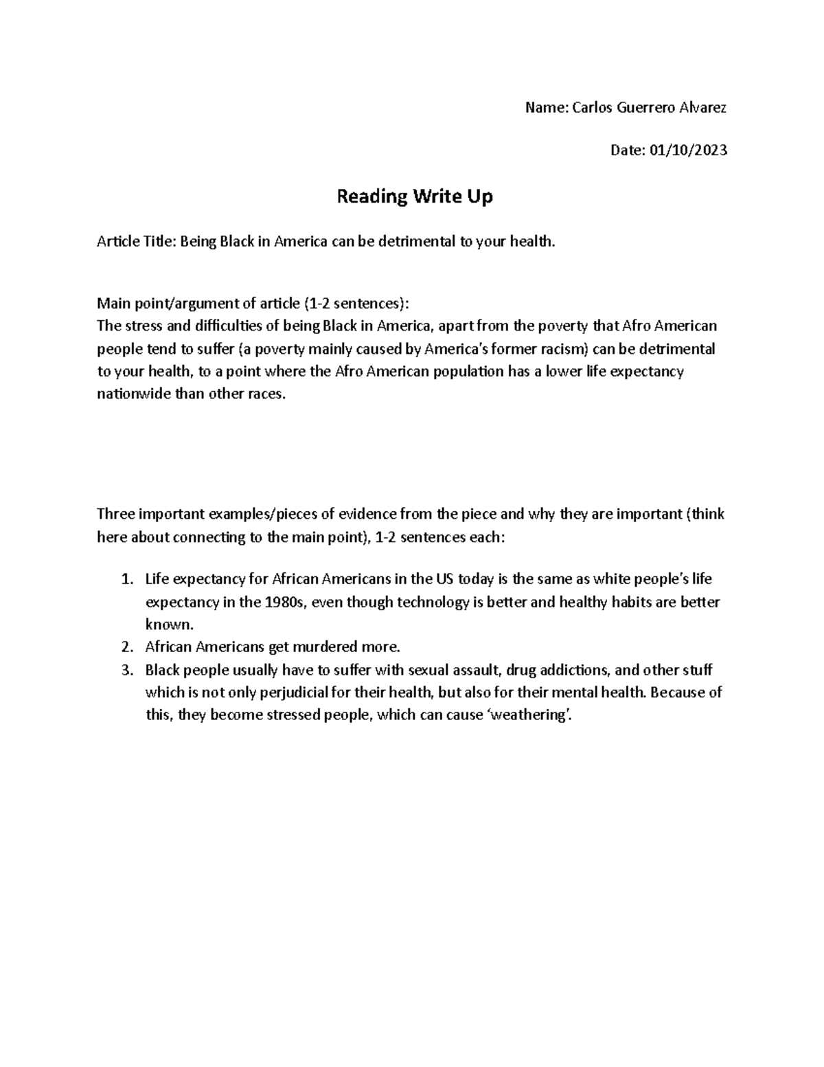 Black In America Write Up - Name: Carlos Guerrero Alvarez Date: 01/10 ...