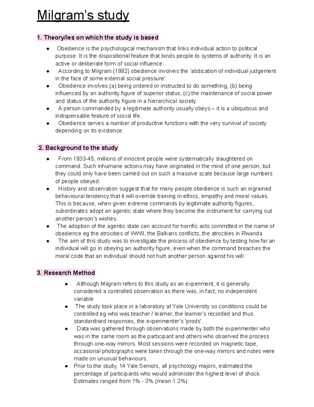 Milgram's - Milgram summary - Milgram9s study 1. Theory/ies on which ...