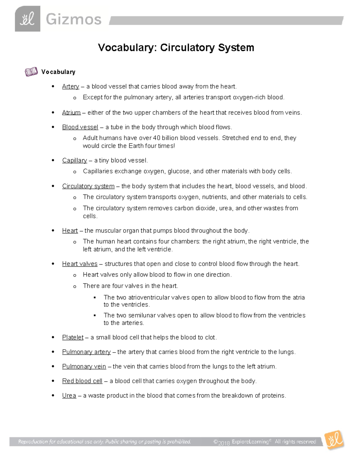 Circulatory System Vocab - 2018 Vocabulary: Circulatory System ...