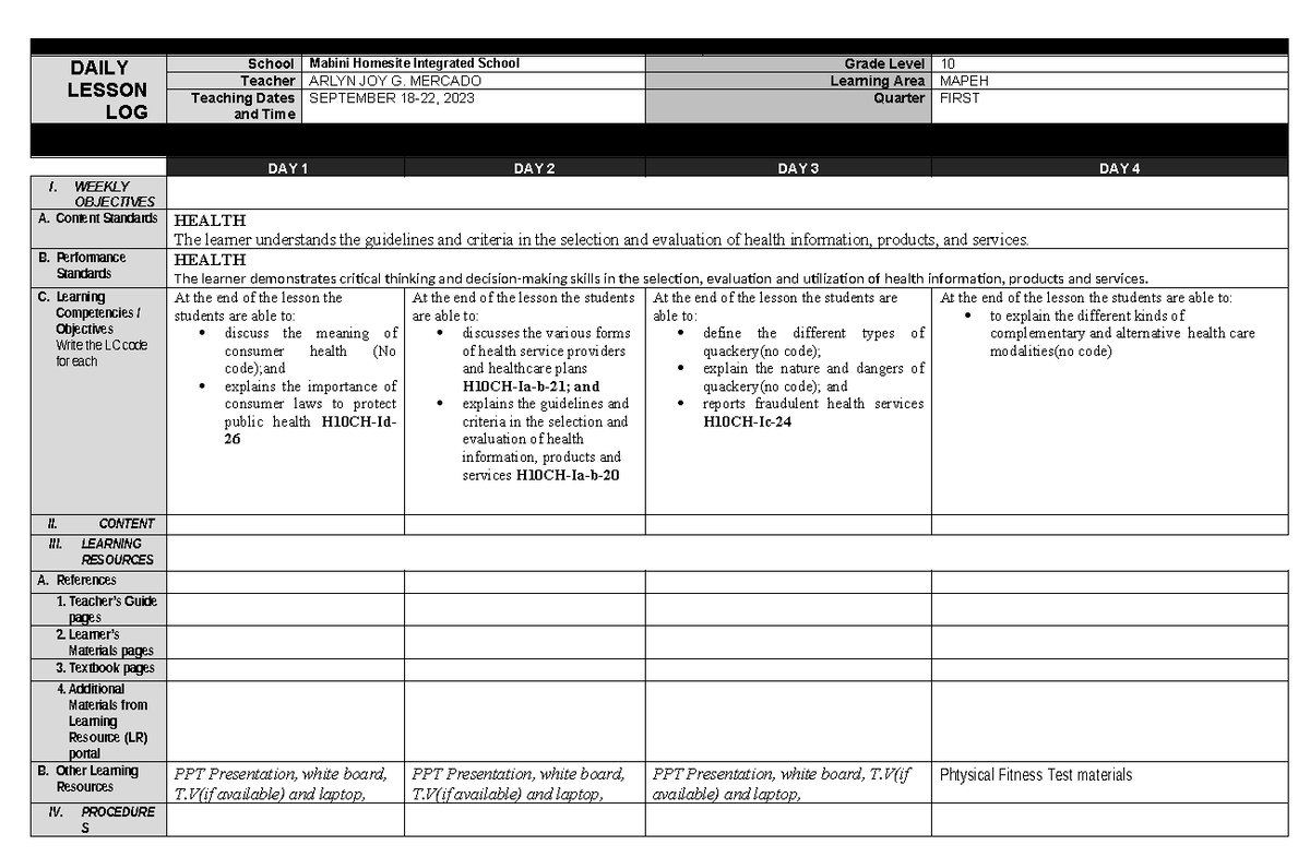 WEEK-4 Mapeh 10 DLL - DAILY LESSON PLAN - DAILY LESSON LOG Teacher ...