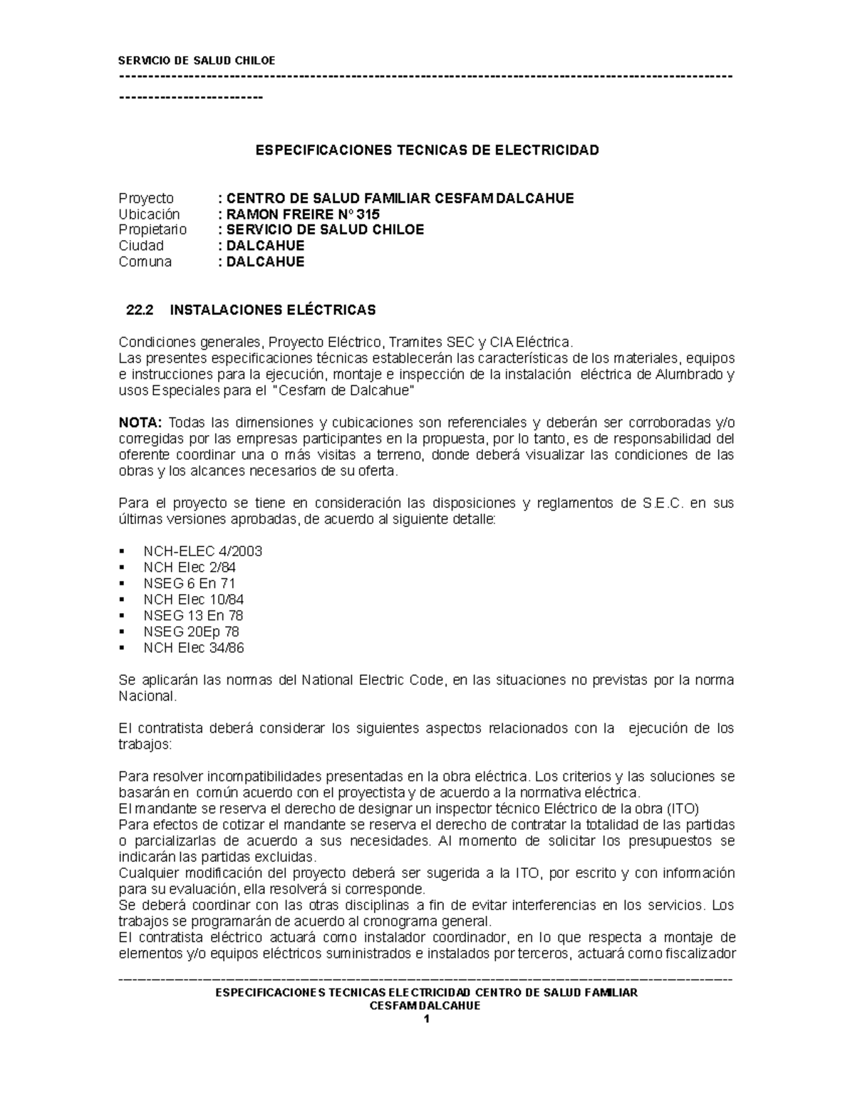 24 - EETT Electricidad - Cesfam Dalcahue - ESPECIFICACIONES TECNICAS DE ELECTRICIDAD Proyecto ...