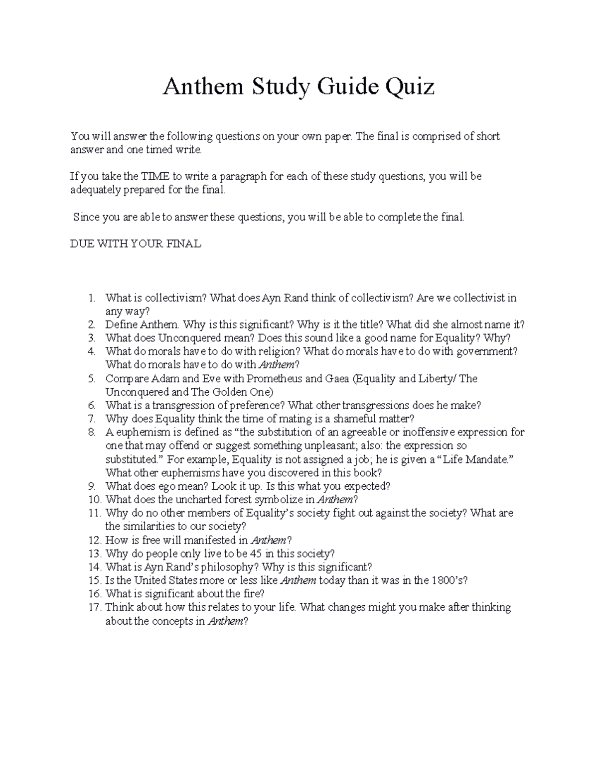 Anthem Novel Study Guide-1 - Anthem Study Guide Quiz You will answer ...