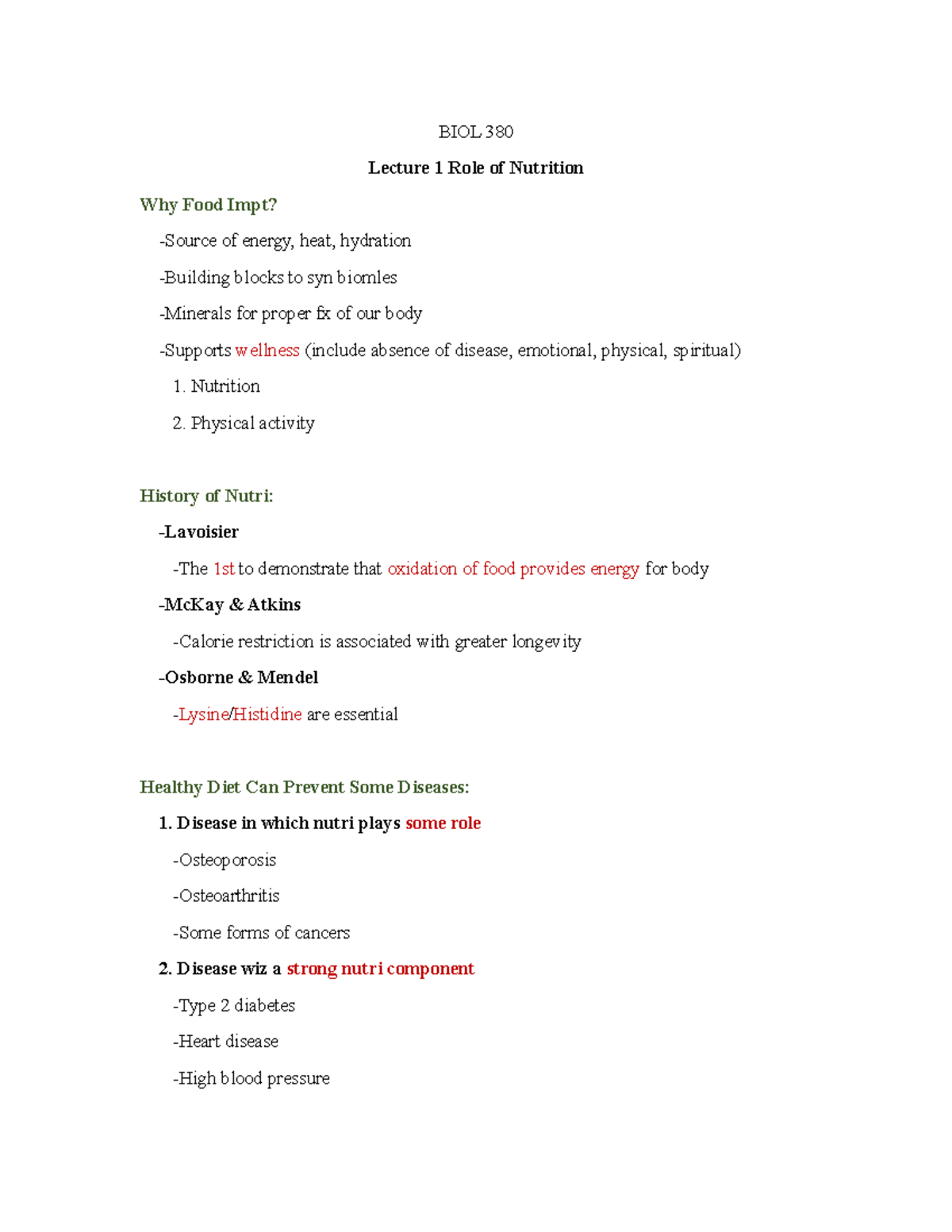 Lecture 1 Role of Nutrition - BIOL 380 Lecture 1 Role of Nutrition Why ...