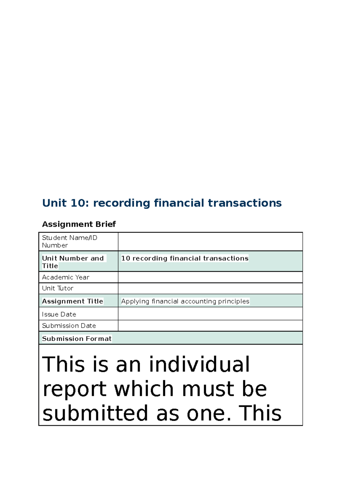 RFT - Unit 10: recording financial transactions Assignment Brief ...