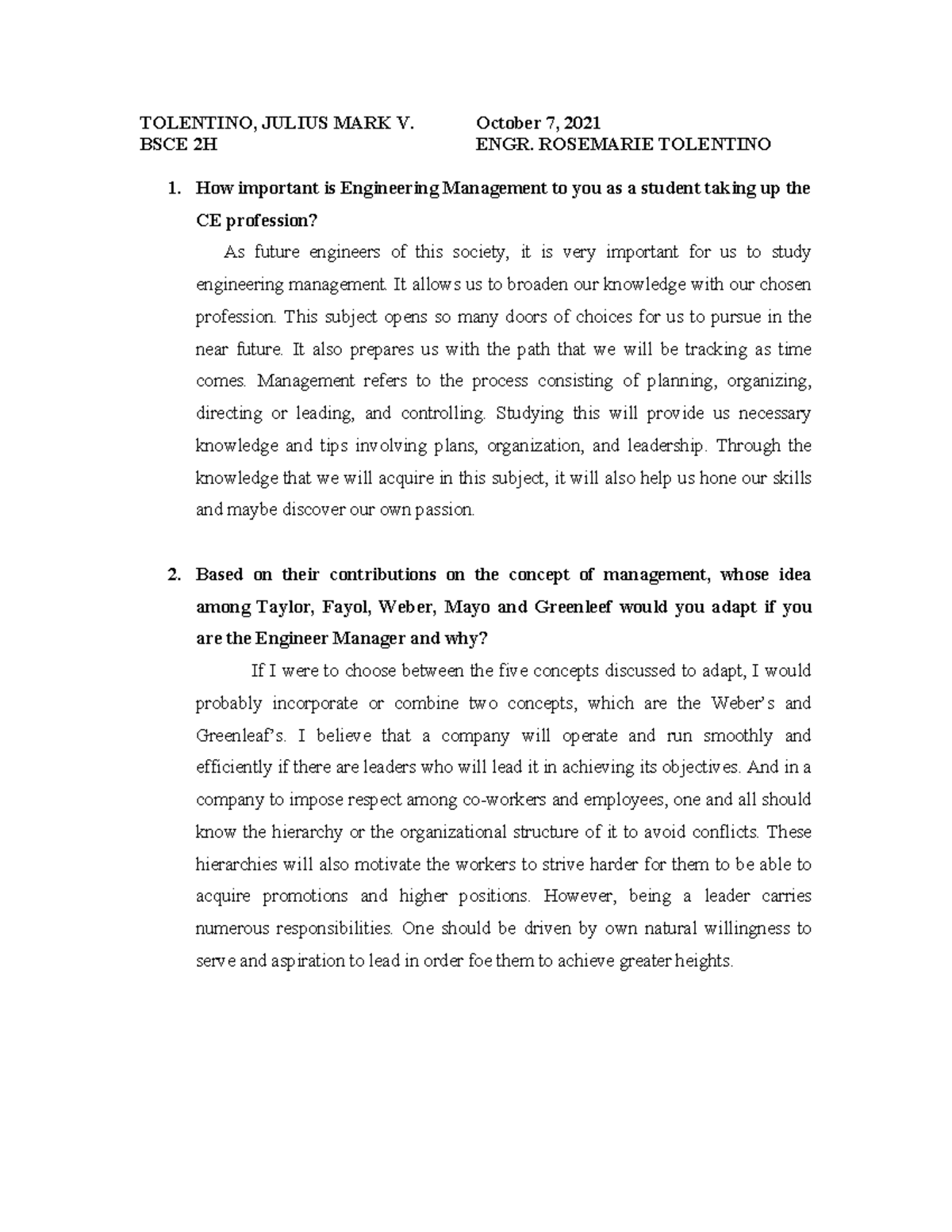 Engineering Management - Managing - TOLENTINO, JULIUS MARK V. October 7 ...