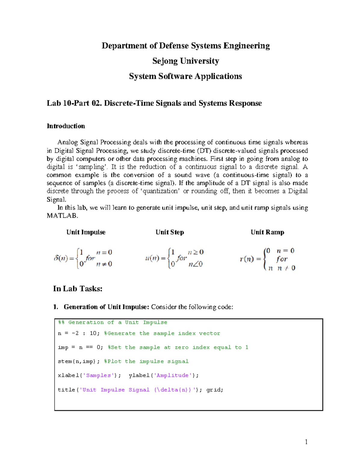 Lab10 - MATLAB - Department of Defense Systems Engineering Sejong University System Software ...