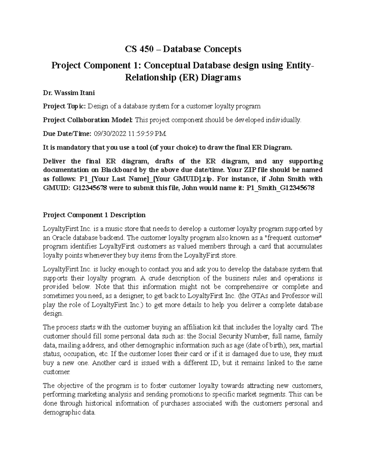 Project 1 Assignment - CS 450 – Database Concepts Project Component 1: Conceptual Database ...