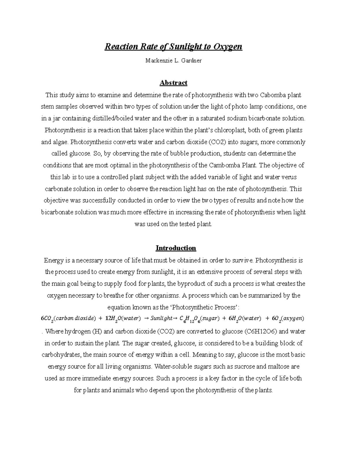 Reaction Rate of Sunlight to Oxygen Photo Synthesis Lab Report ...
