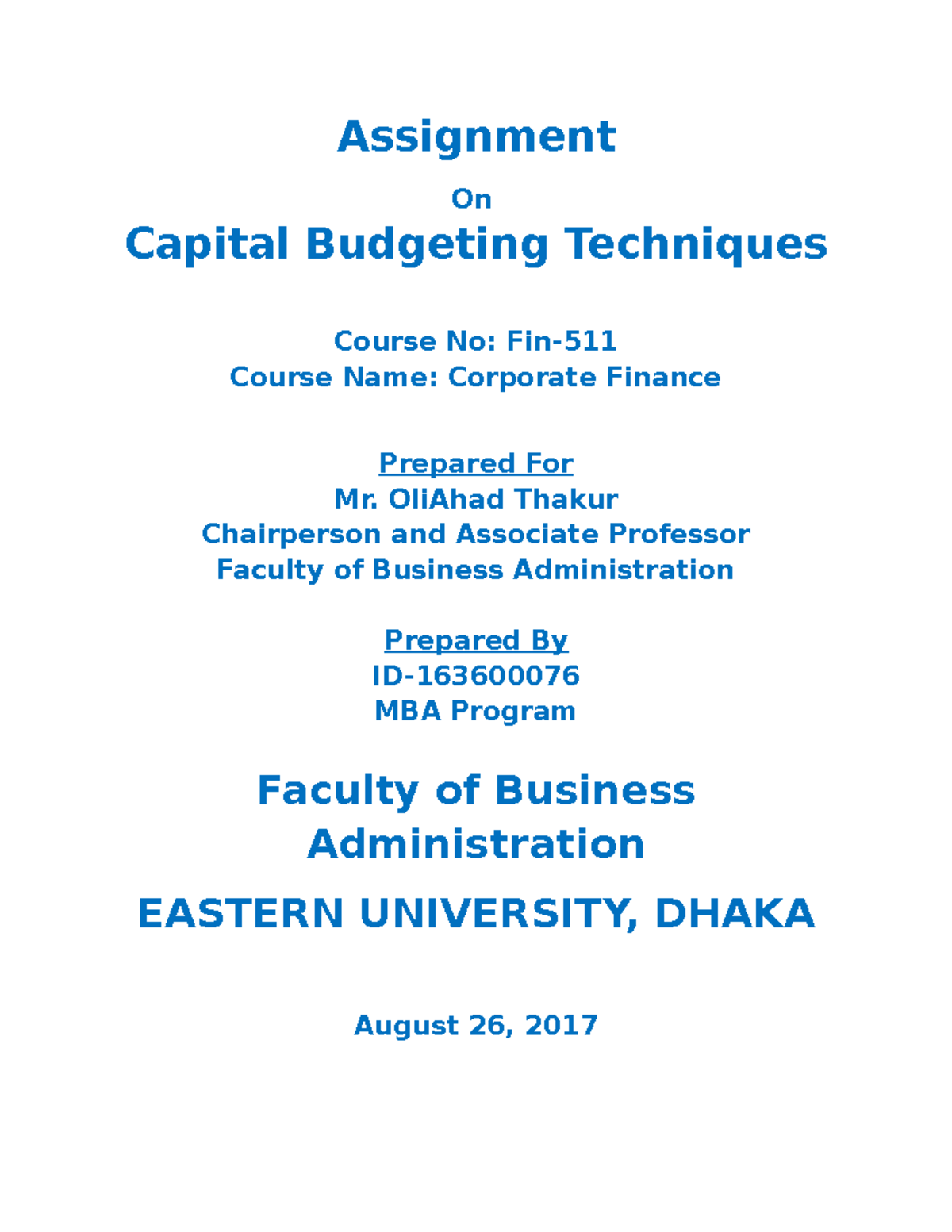 Assignment For Corporate Finance - Assignment On Capital Budgeting ...