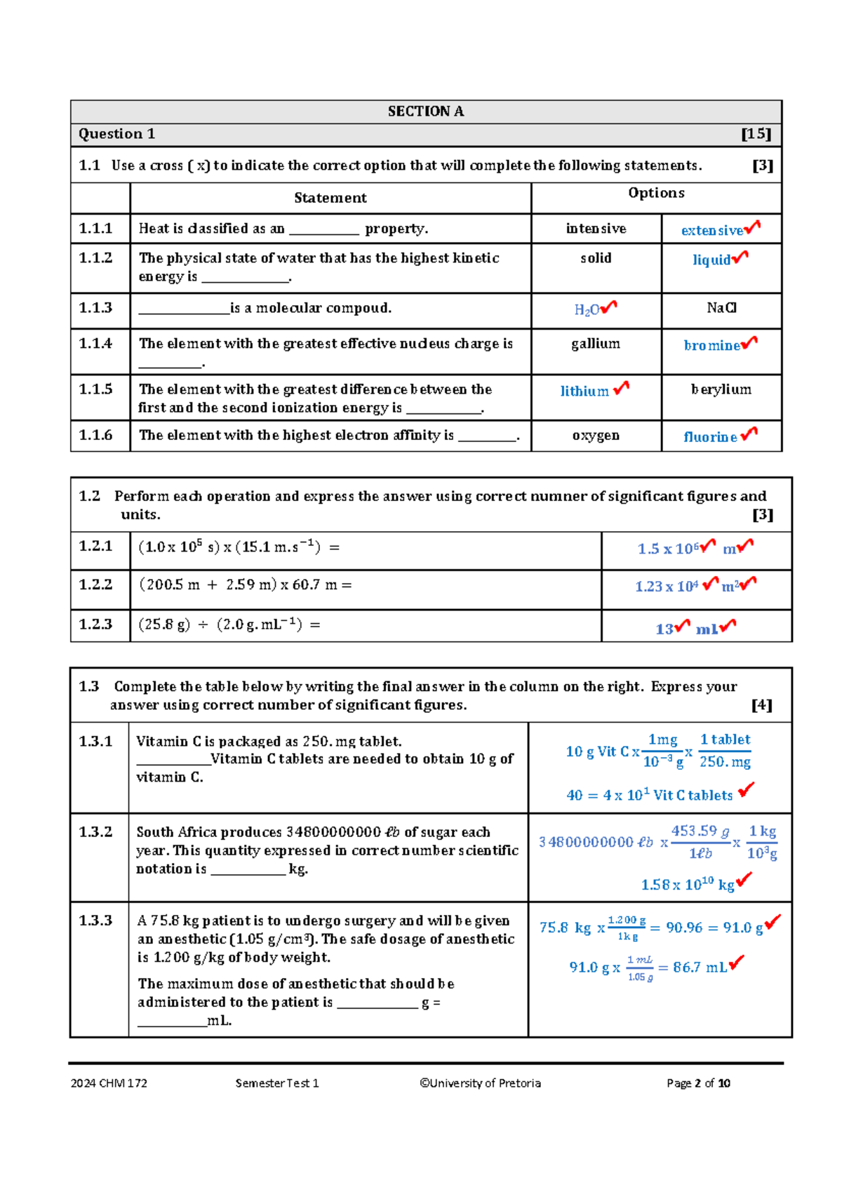 CHM 172 2024 ST1 memo - Memo with solutions - SECTION A Question 1 [1 5 ...