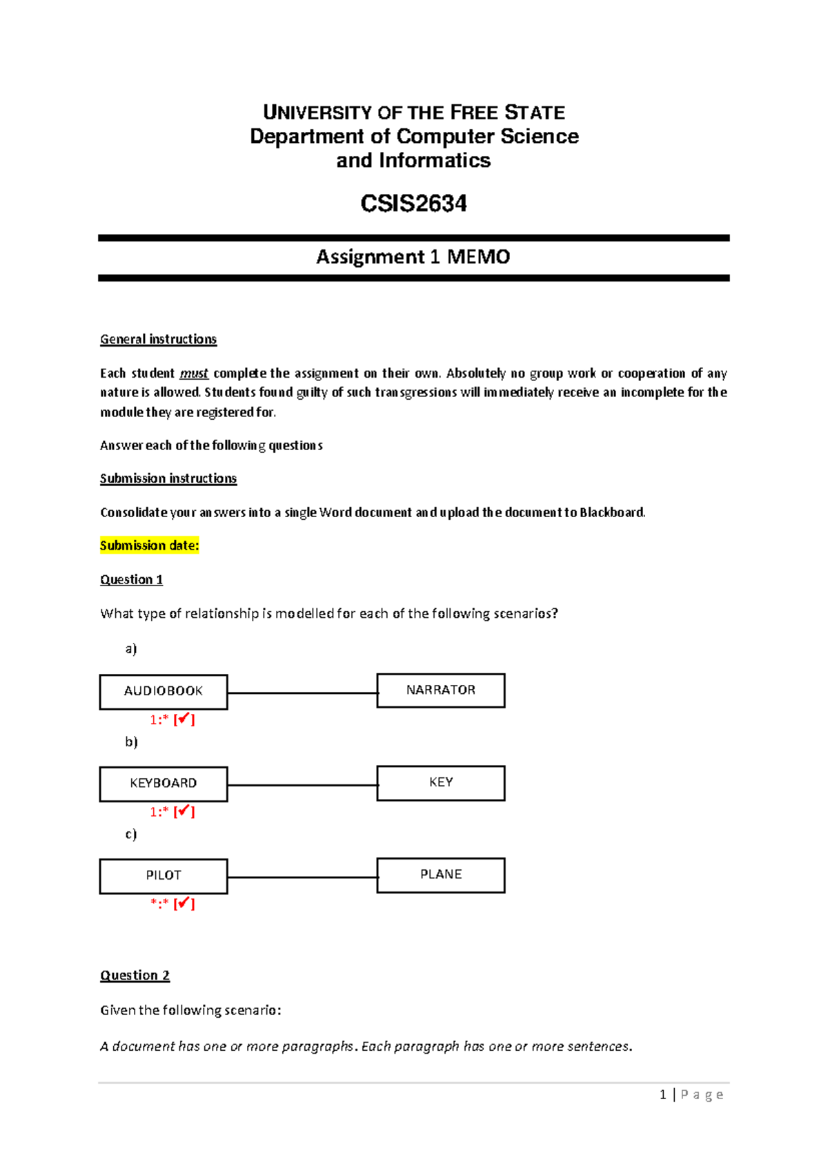 Assignment 1 Memo - UNIVERSITY OF THE FREE STATE Department of Computer Science and Informatics ...