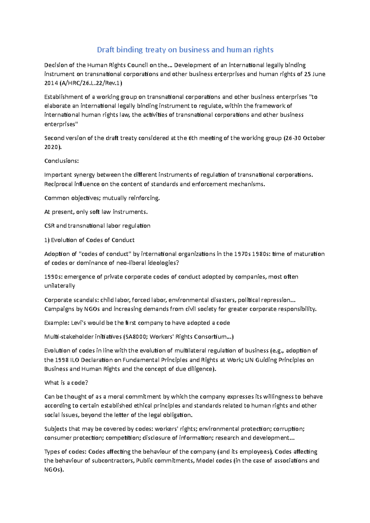 Draft binding treaty on business and human rights - .. Development of ...