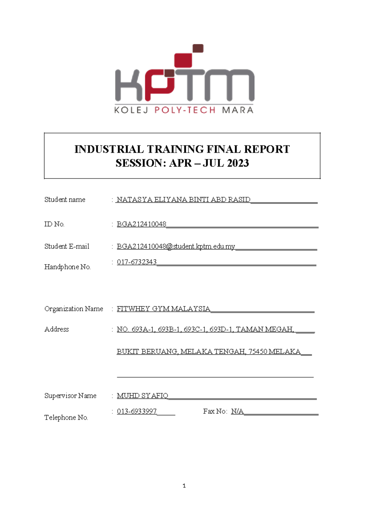Natasya Rasid Industrial Training Final Report-1 - INDUSTRIAL TRAINING ...