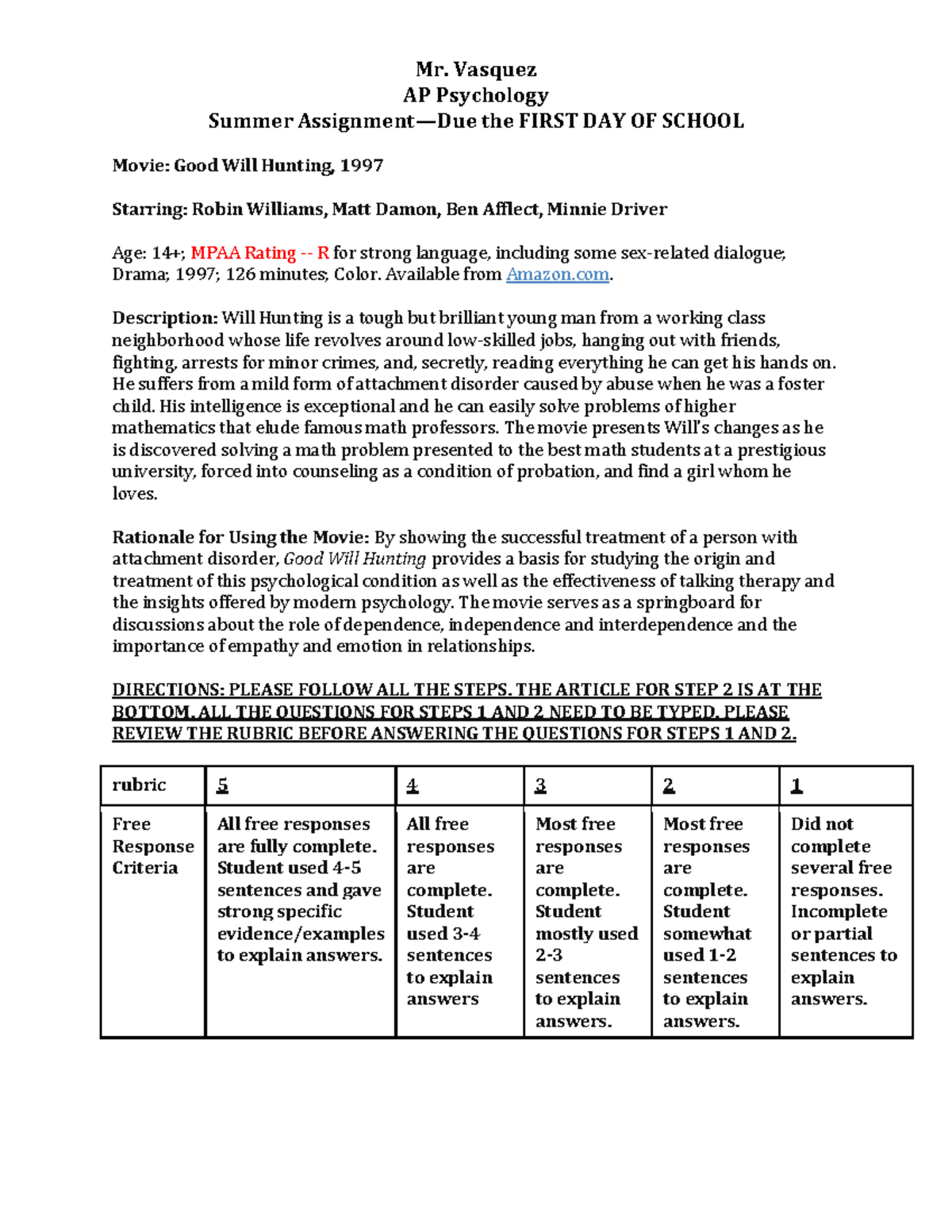 AP Psych Summer Work 2015-16 - AP Psychology Summer Assignment—Due the ...