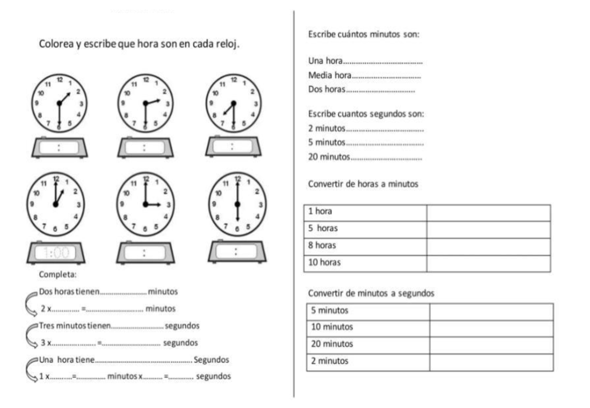 Reloj pdf - Escribe cuántos minutos son: Colorea y escribe que hora son ...