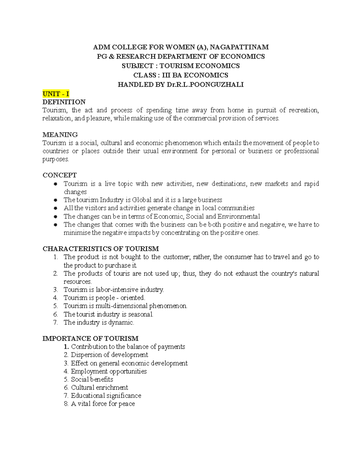 Economics- Tourism Economics - ADM COLLEGE FOR WOMEN (A), NAGAPATTINAM ...