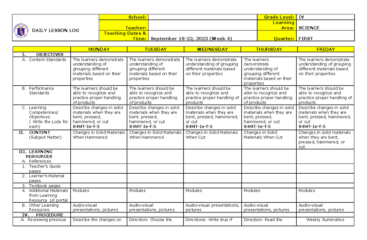 Science W4 - Daily lesson log sample - DAILY LESSON LOG School: Grade ...