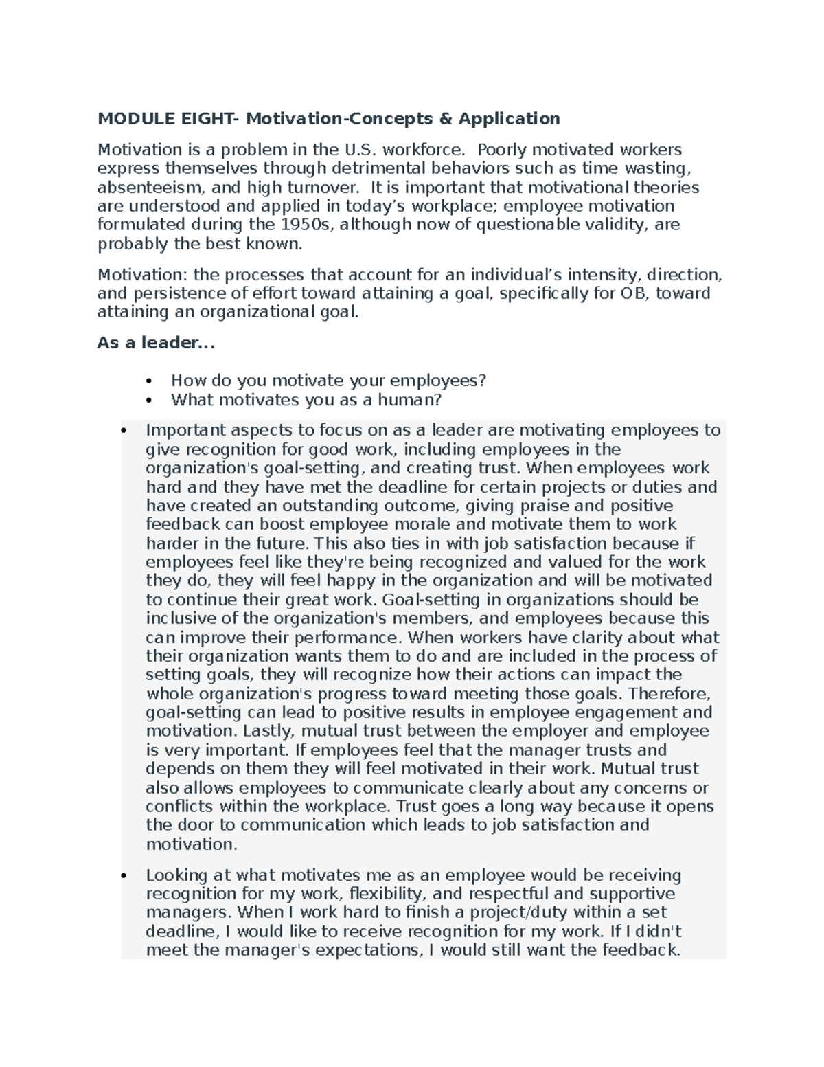 Module Eight In Class Writing - MODULE EIGHT- Motivation-Concepts ...