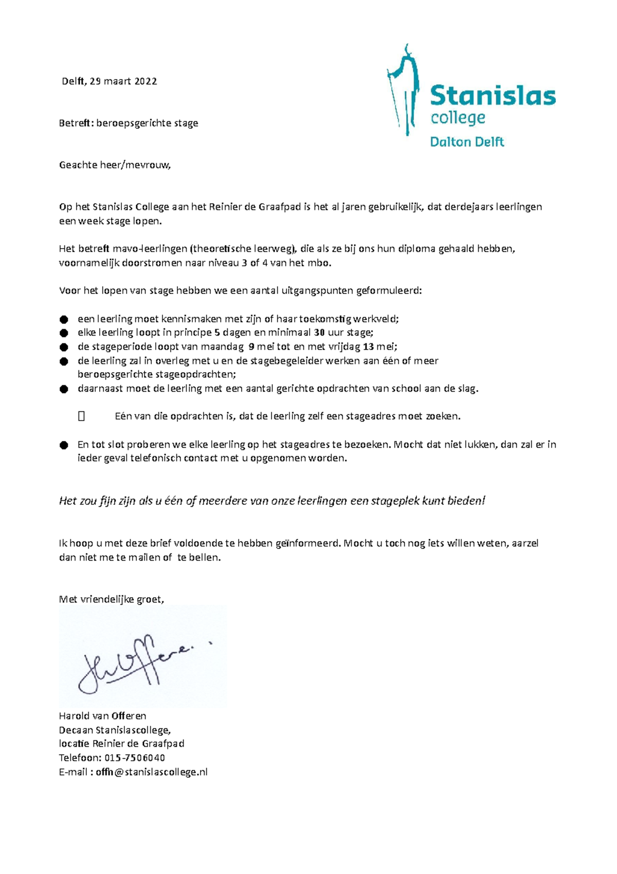 Stagebrief klas 3 2022 - theoretische - Delft, 29 maart 2022 Betreft ...