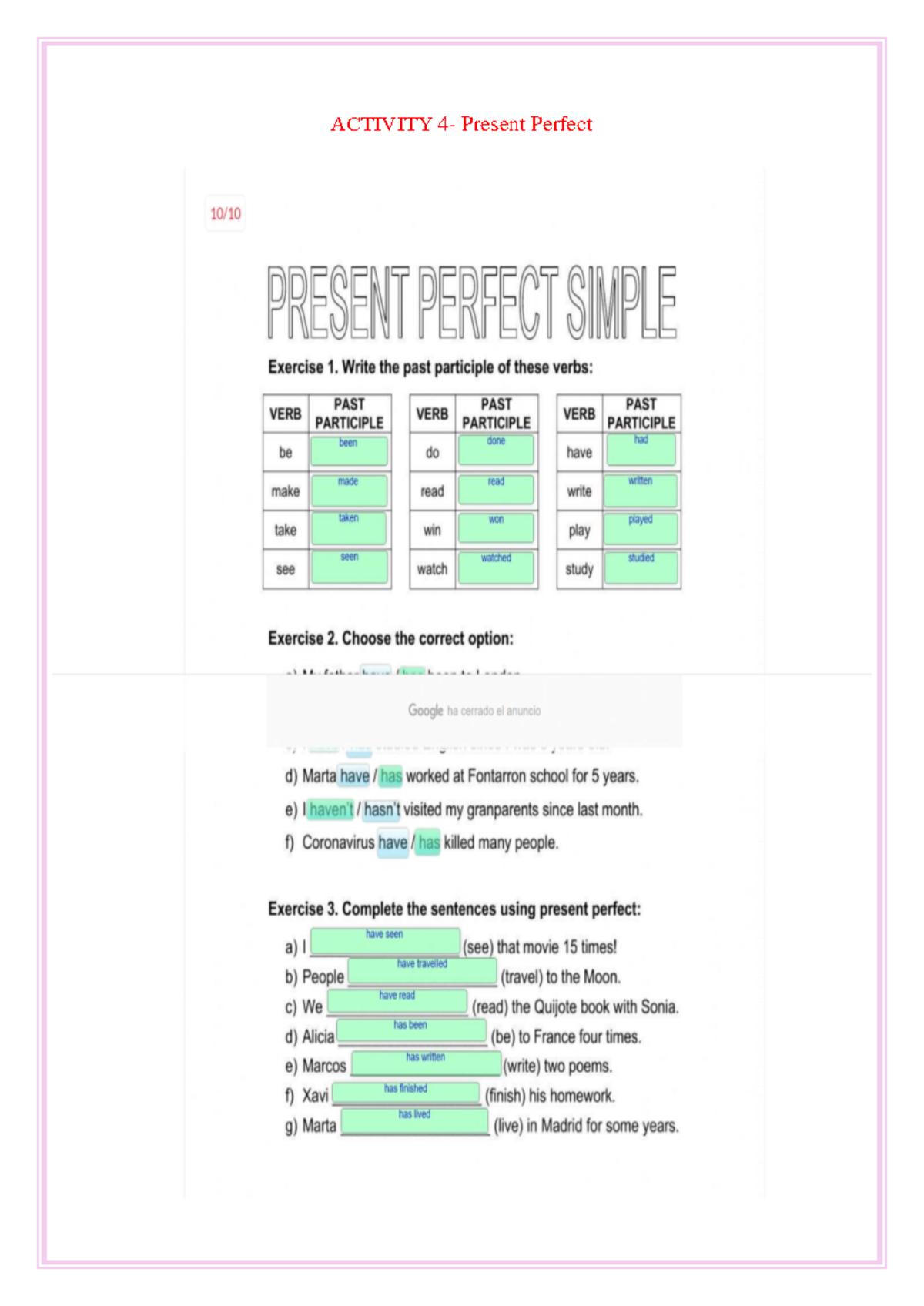 Activity 4- Present Perfect - ACTIVITY Present Perfect PRESENT PERFECT ...