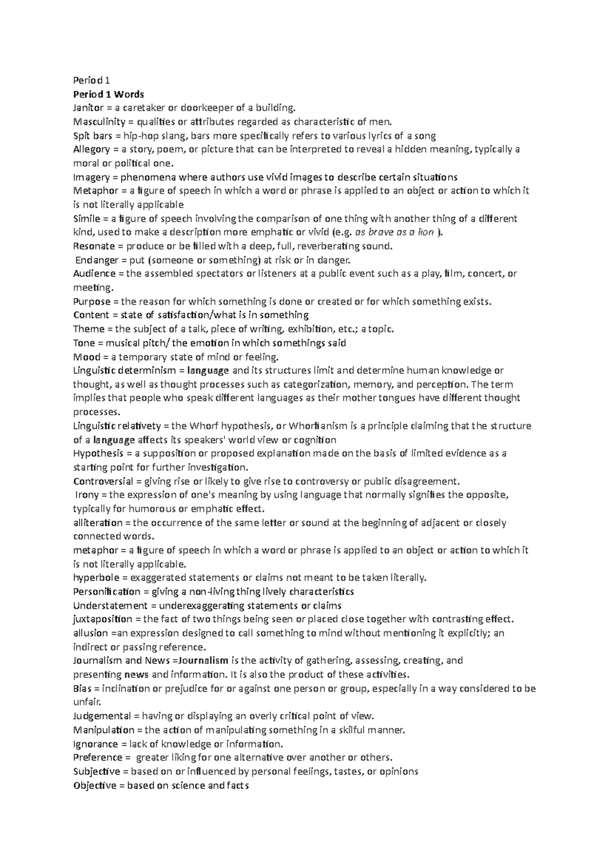 PIF Words - Period 1 Period 1 Words Janitor = a caretaker or doorkeeper ...